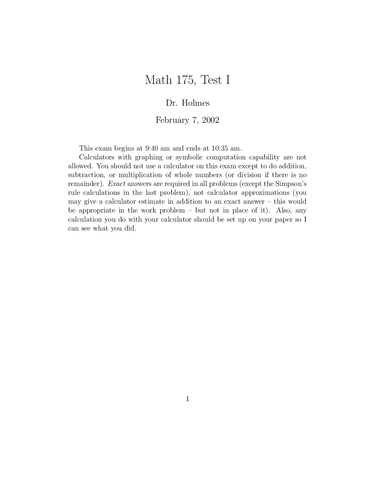 Exam 1 Practice Questions Calculus Ii Math 175 Docsity