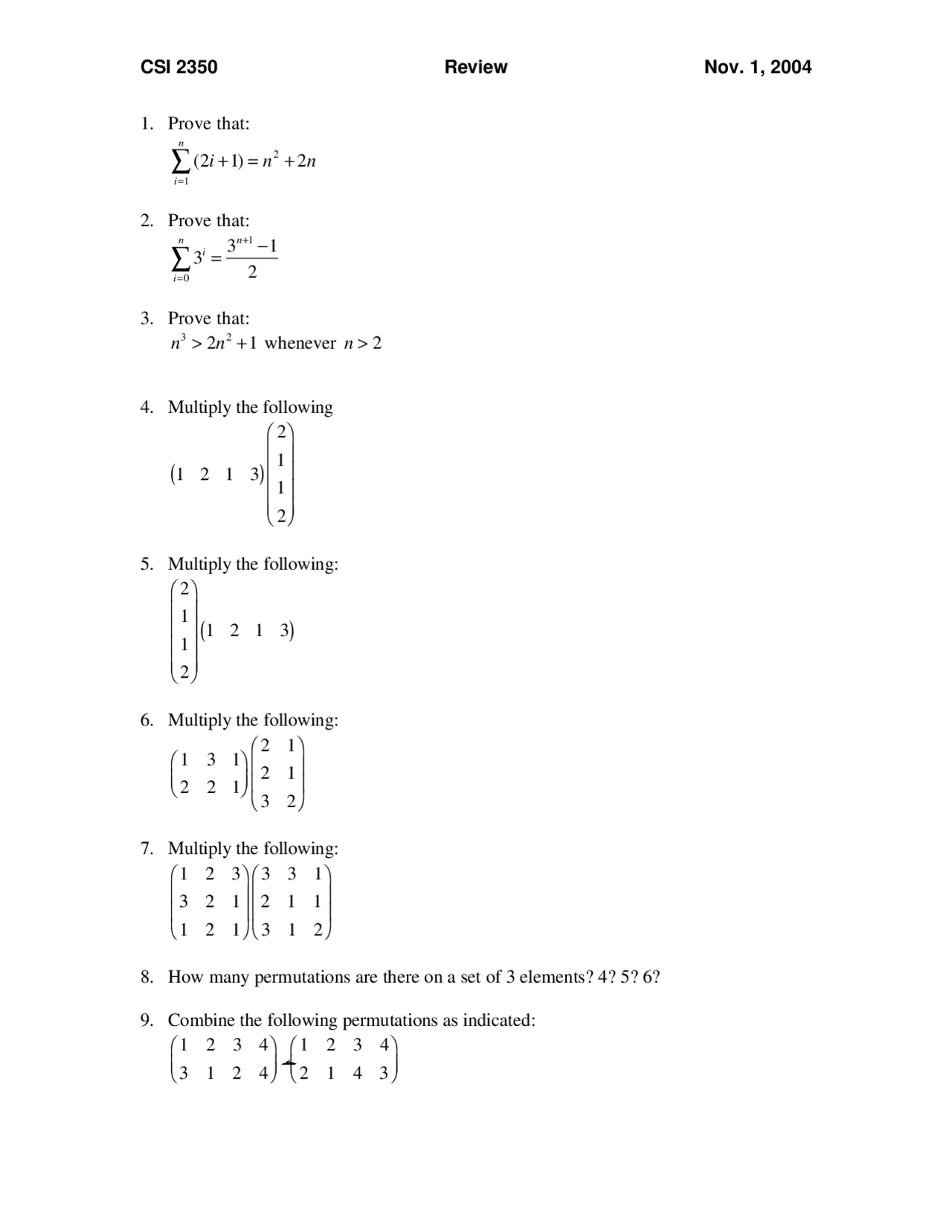 Exam Review Questions Discrete Structures Csi 2350 Docsity