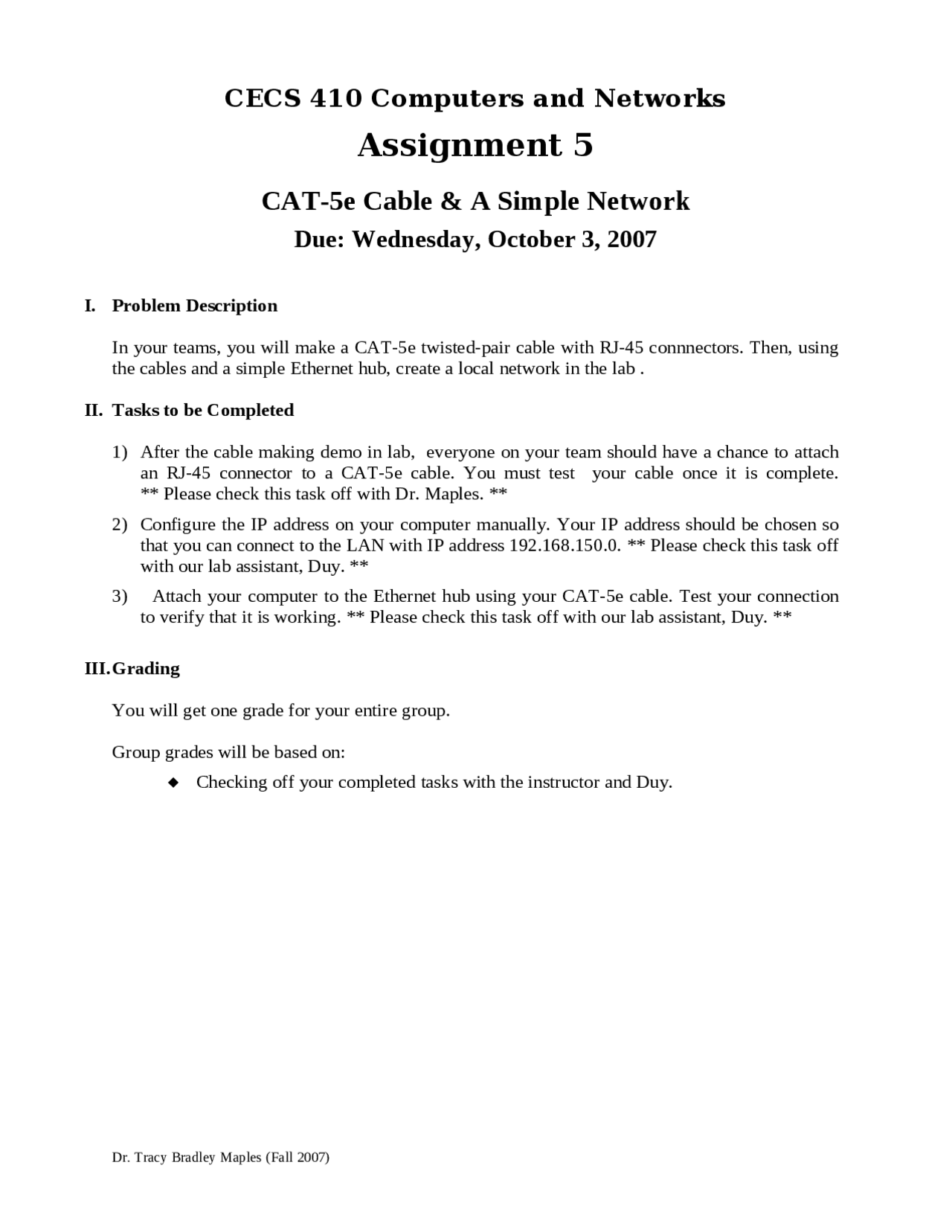 Cat 5e Cable And A Simple Network Assignment 5 Cecs 410 Docsity