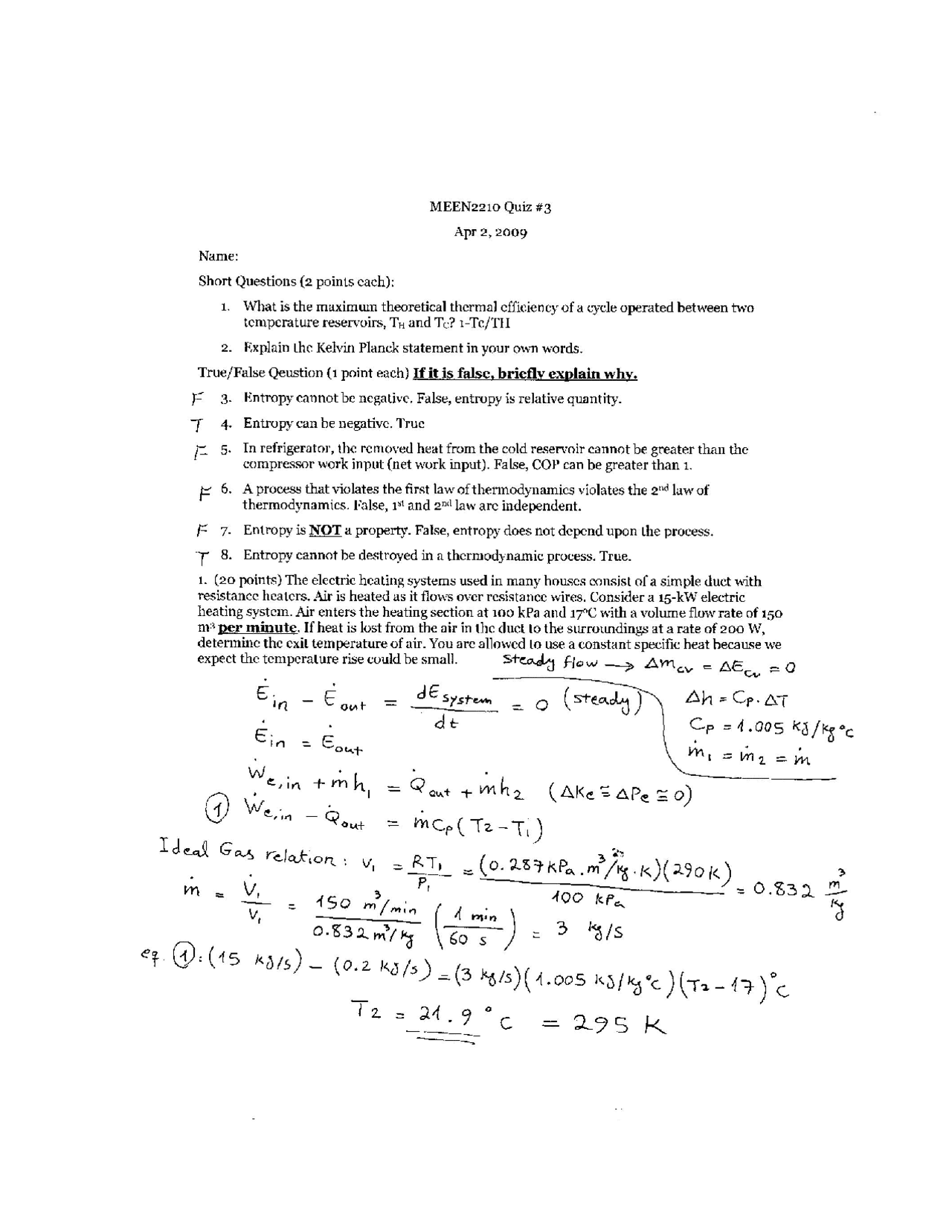 10 Questions On Thermodynamics I With Solution Quiz 3 Meen 2210