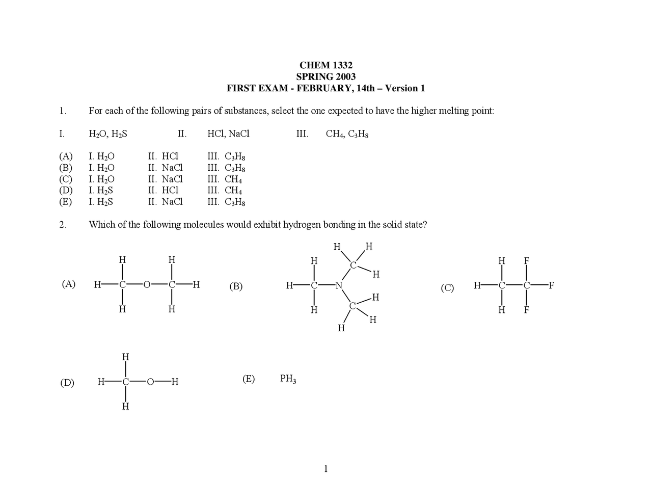 Fundamentals of Chemistry - Exam 1 Version A - Spring 2003 | CHEM 1332 ...