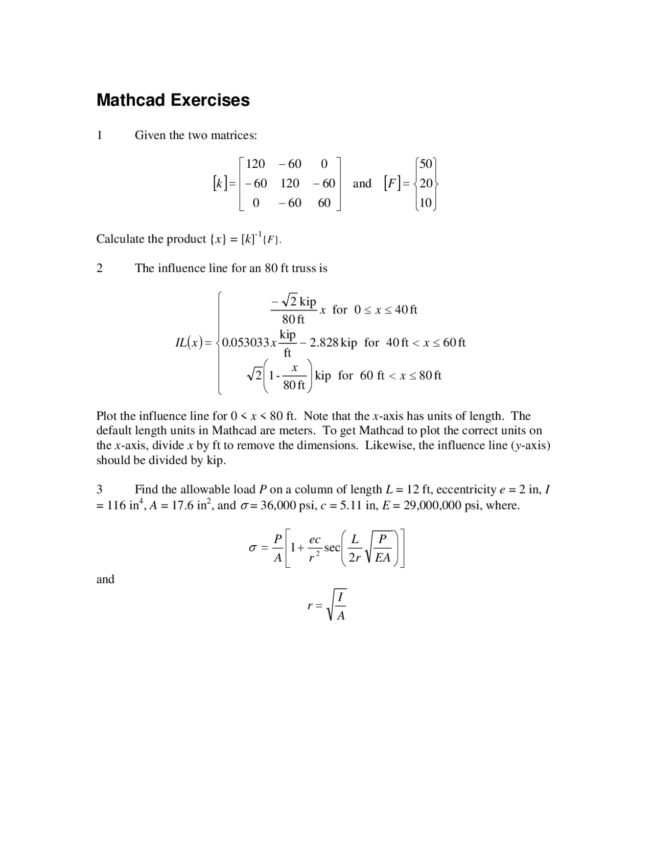 Mathcad Exercises - 3 Questions | CE 215 - Docsity