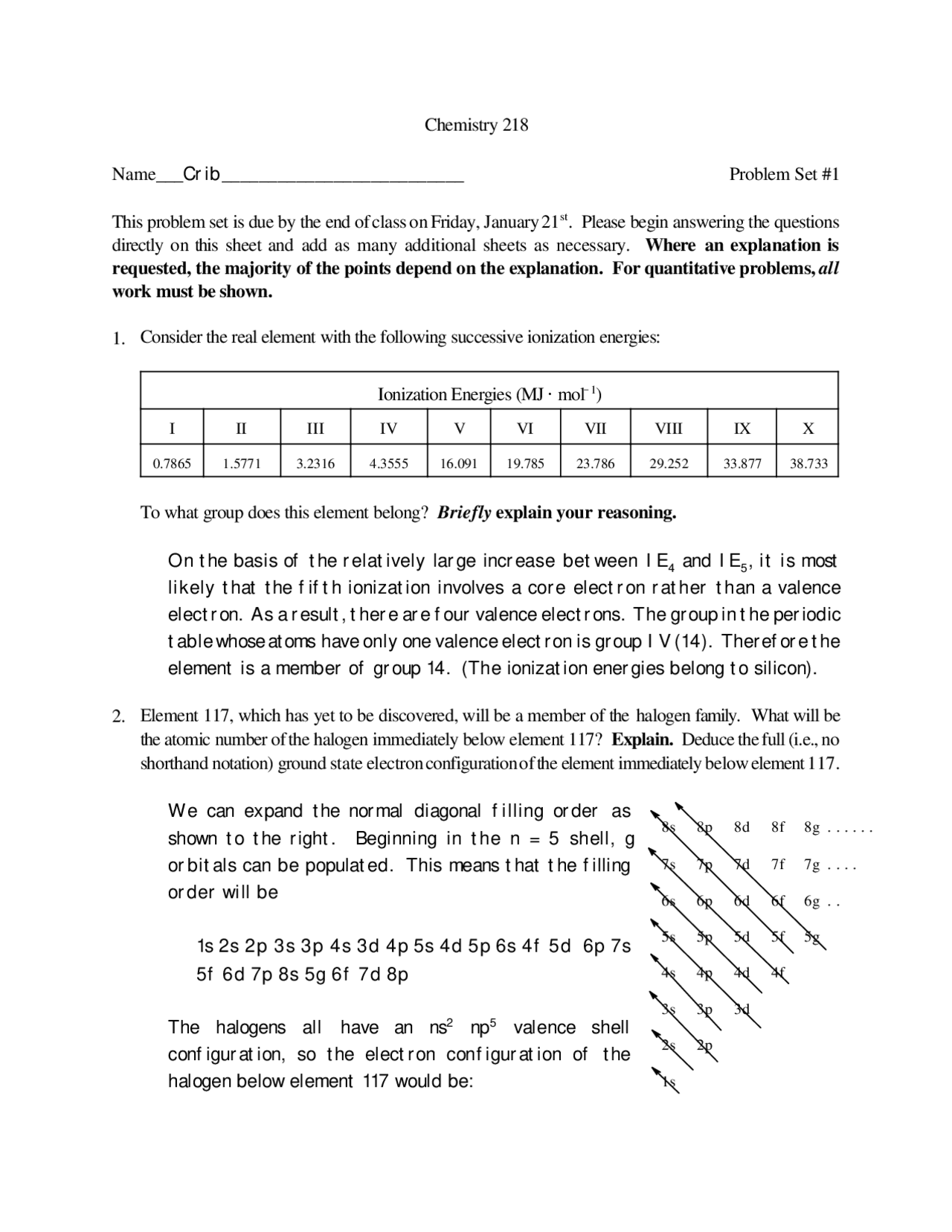 4 Questions On Inorganic Chemistry Problem Set 1 Chm 218 Docsity
