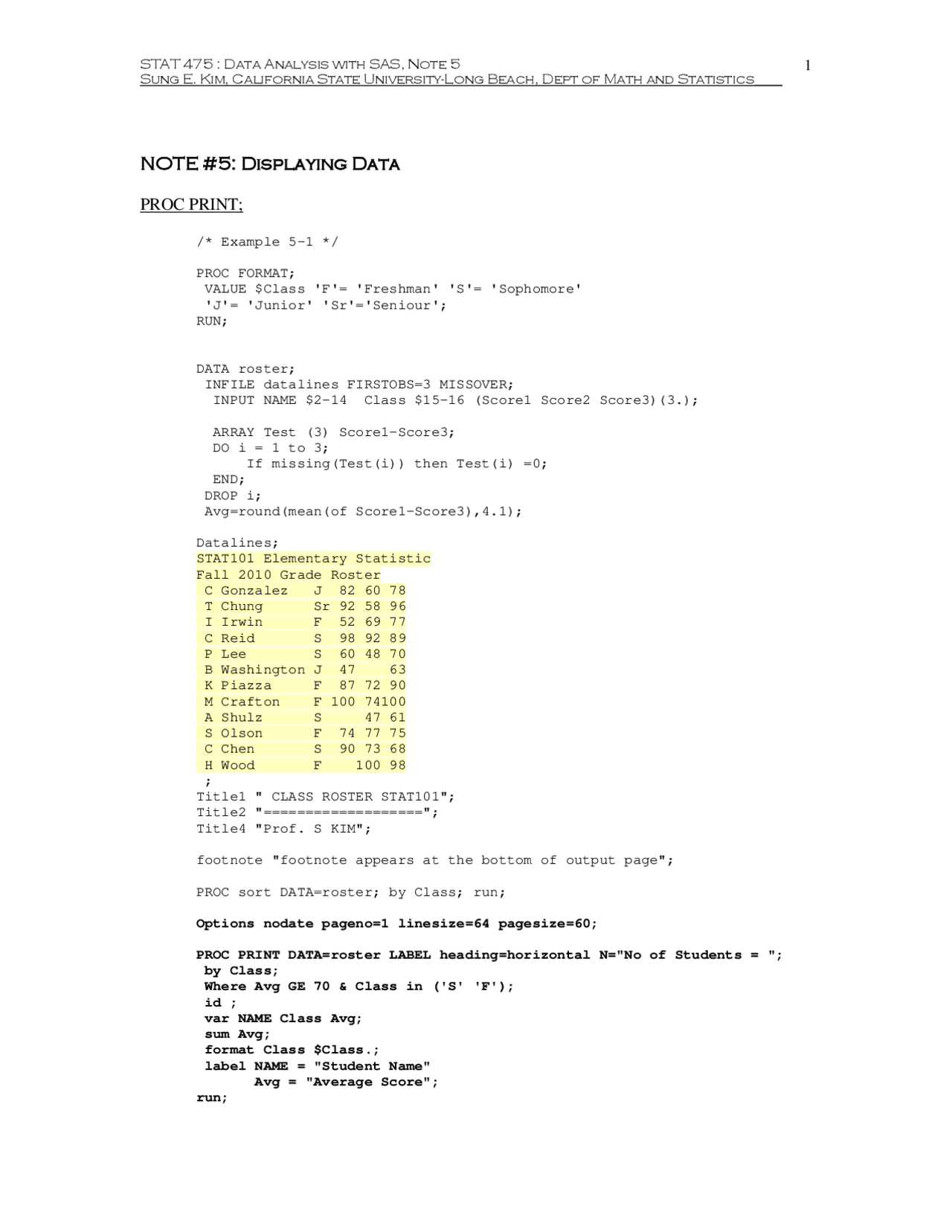 Displaying Data Data Analysis With Sas Lecture Notes Stat 475 Docsity