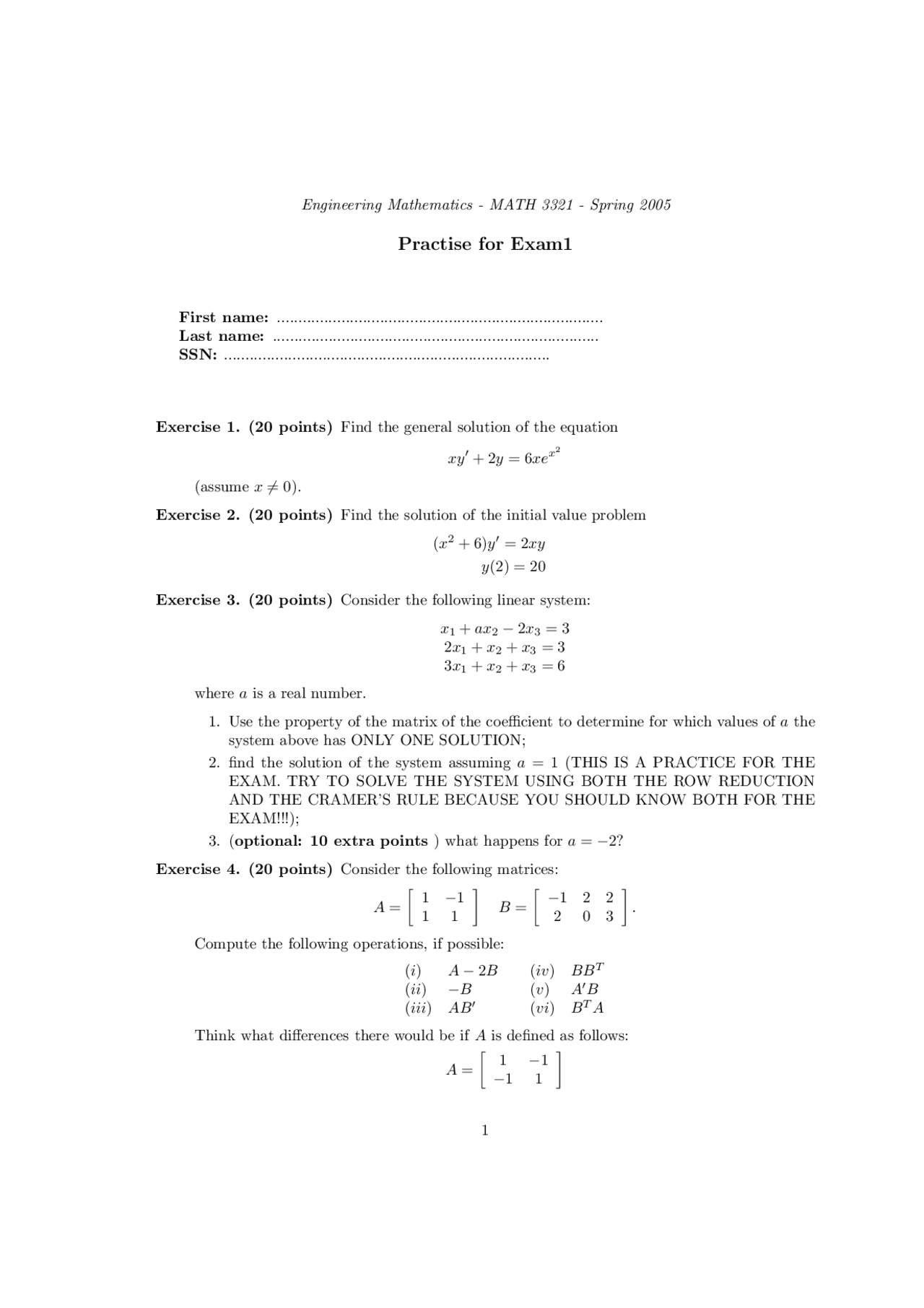 Practice For Exam 1 Engineering Mathematics Math 3321 Docsity