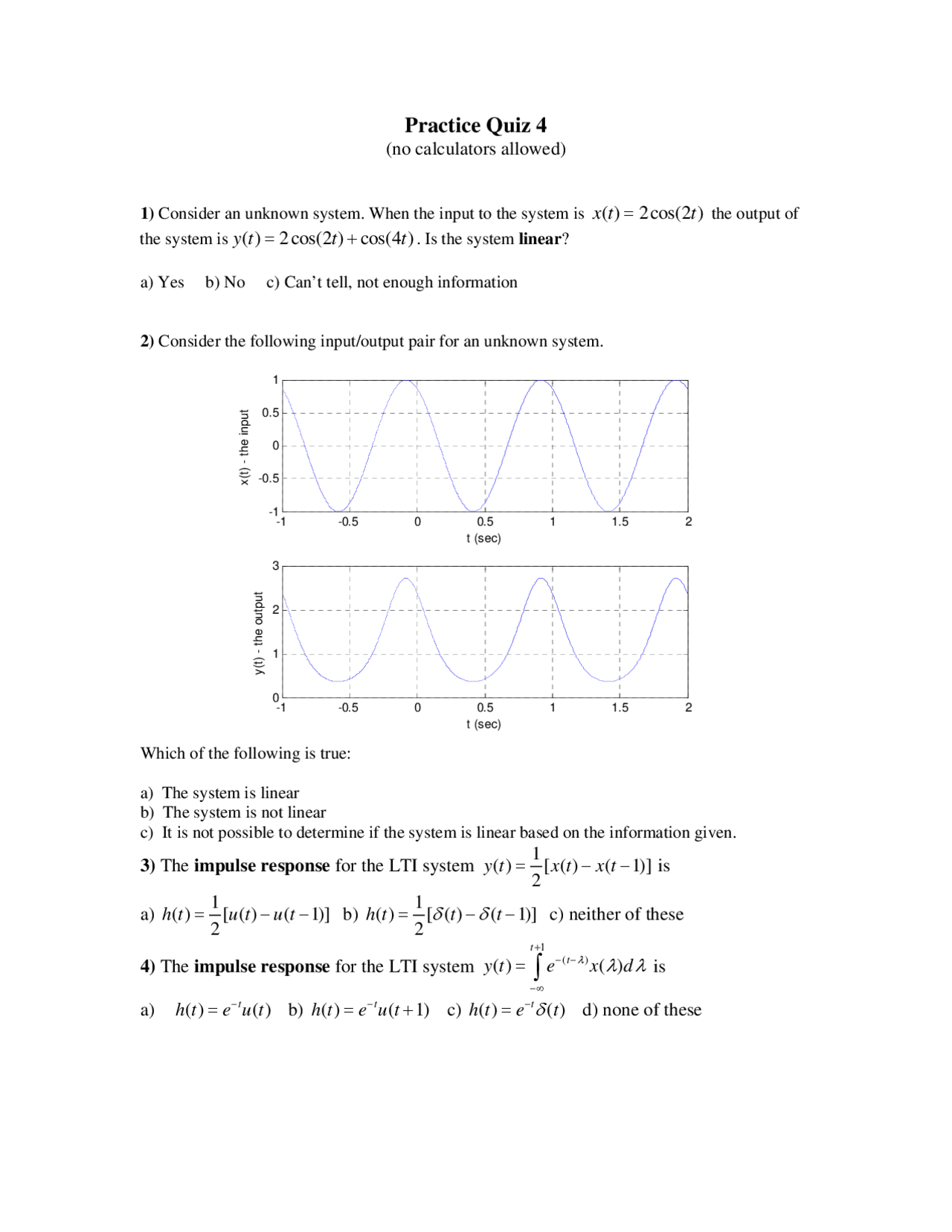 Practice Quiz 4 Continuous Time Signals And Systems Ece 300