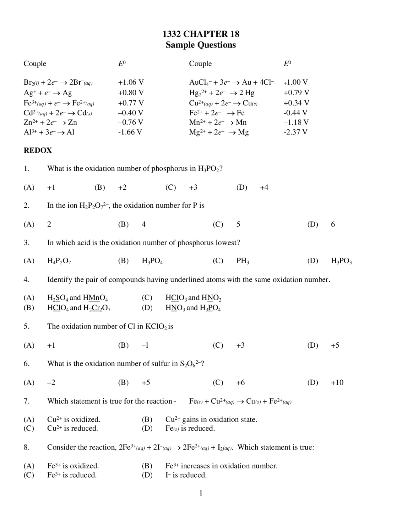 Sample Questions With Answer Key Fundamentals Of Chemistry Chem