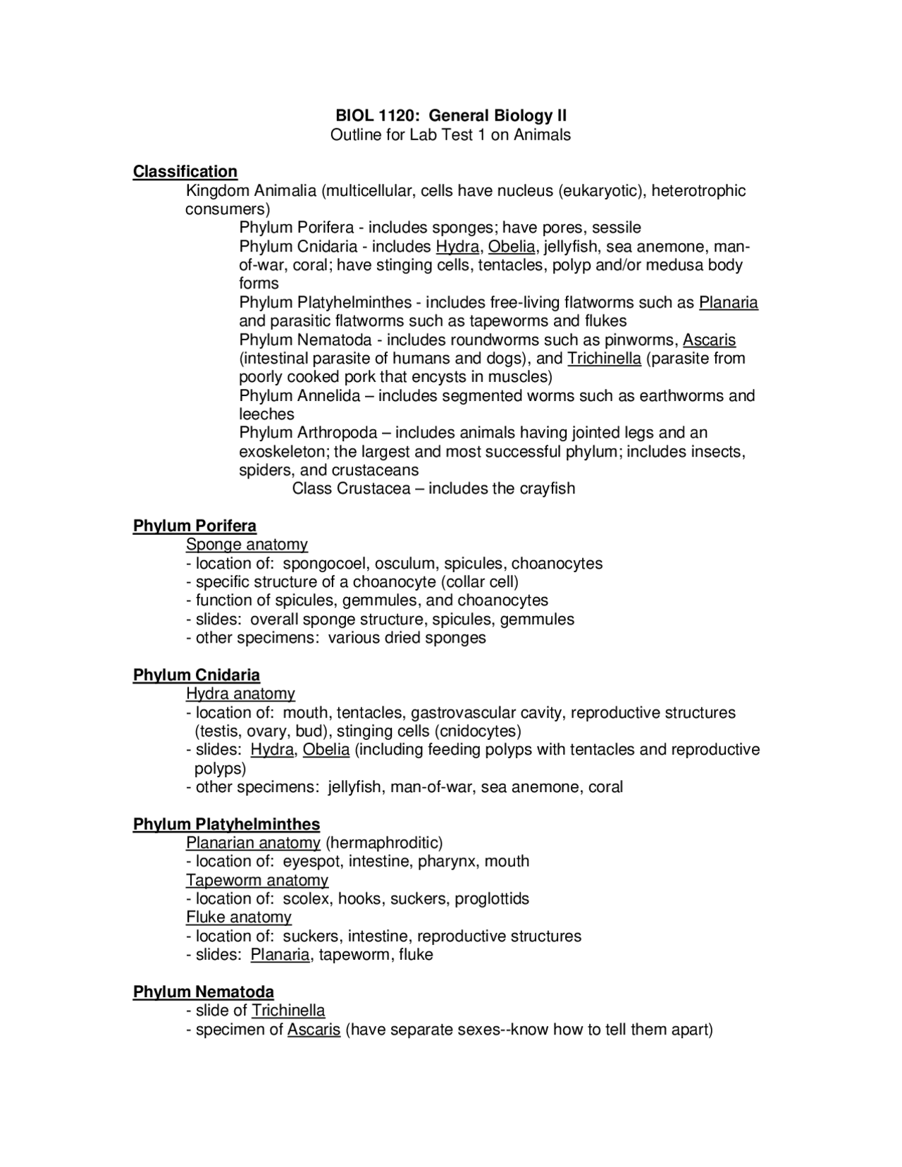 Outline for Lab Test 1 on Animals - General Biology II | BIOL 1120 ...