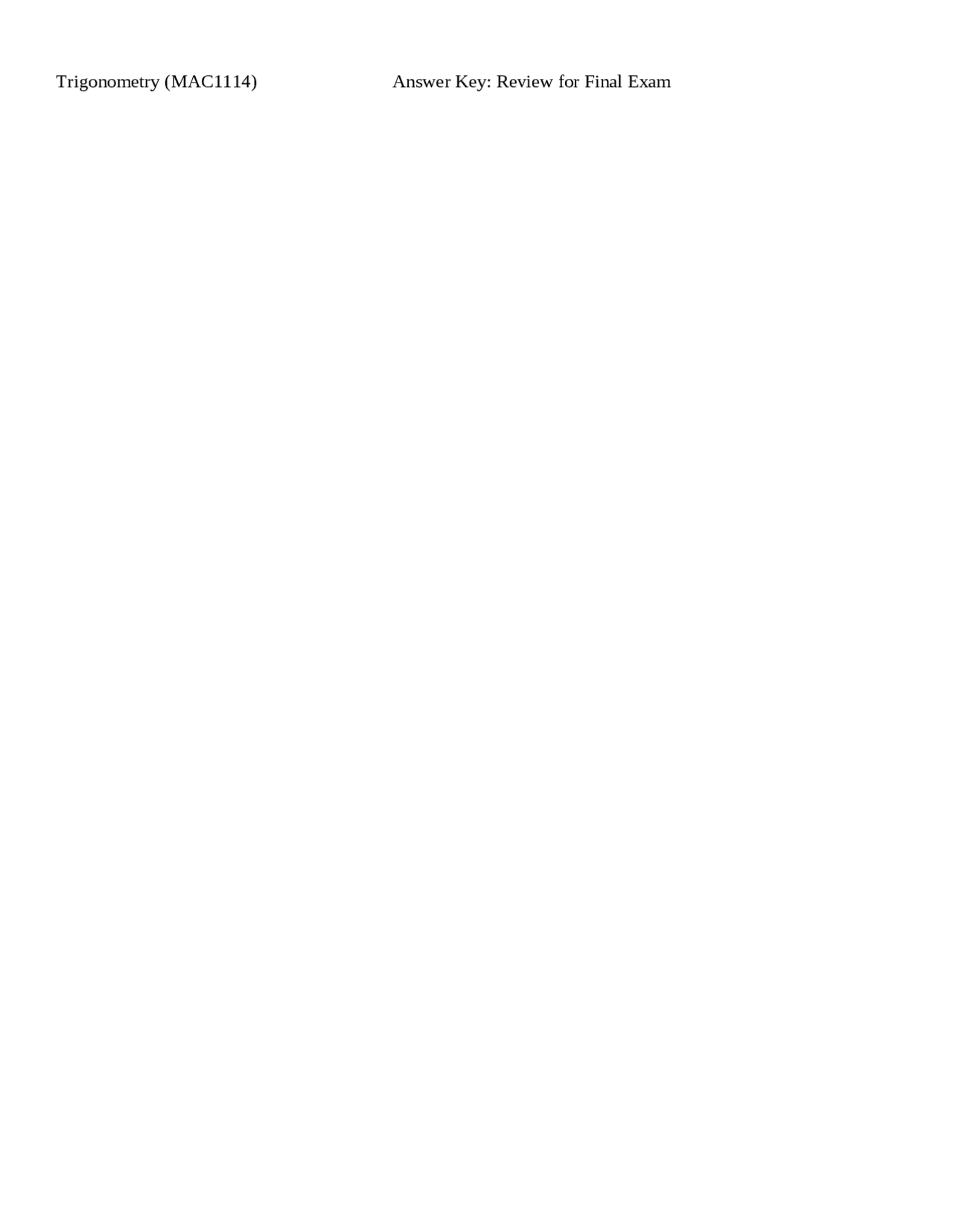 Review For Final Exam Answer Key For Trigonometry Mac 1114 Docsity