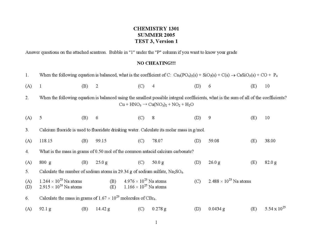 20 Multiple choice Questions on Molar Mass - Exam | CHEM 1301 | Exams ...