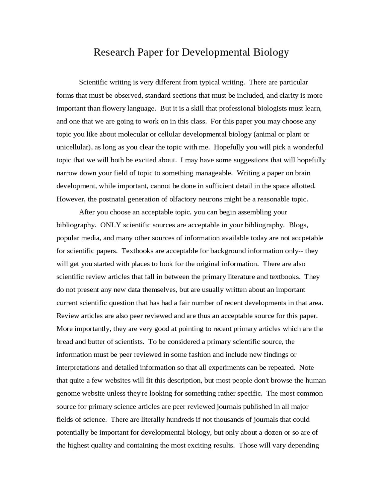 Research Paper For Developmental Biology Bsc 497 Docsity