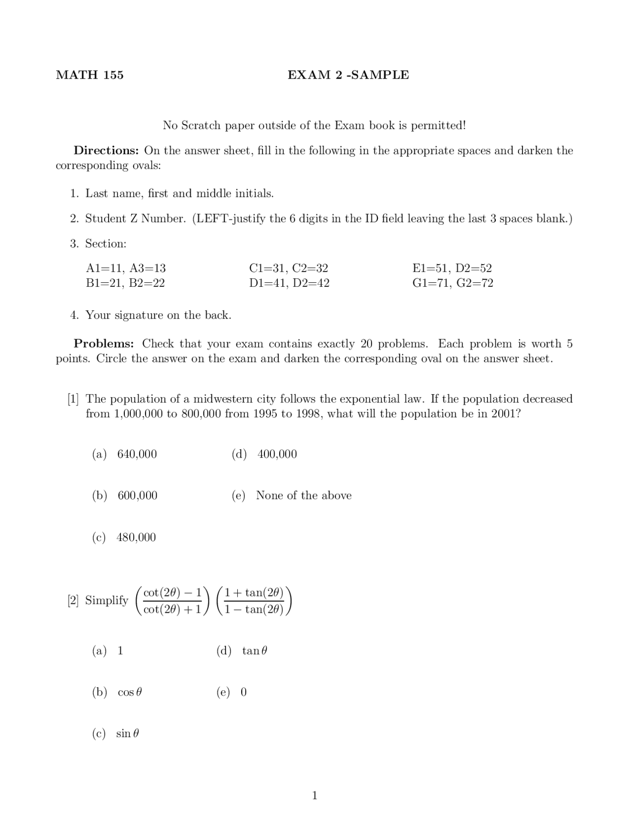 20 Solved Problems On Exponential Law Exam 2 Math 155 Docsity