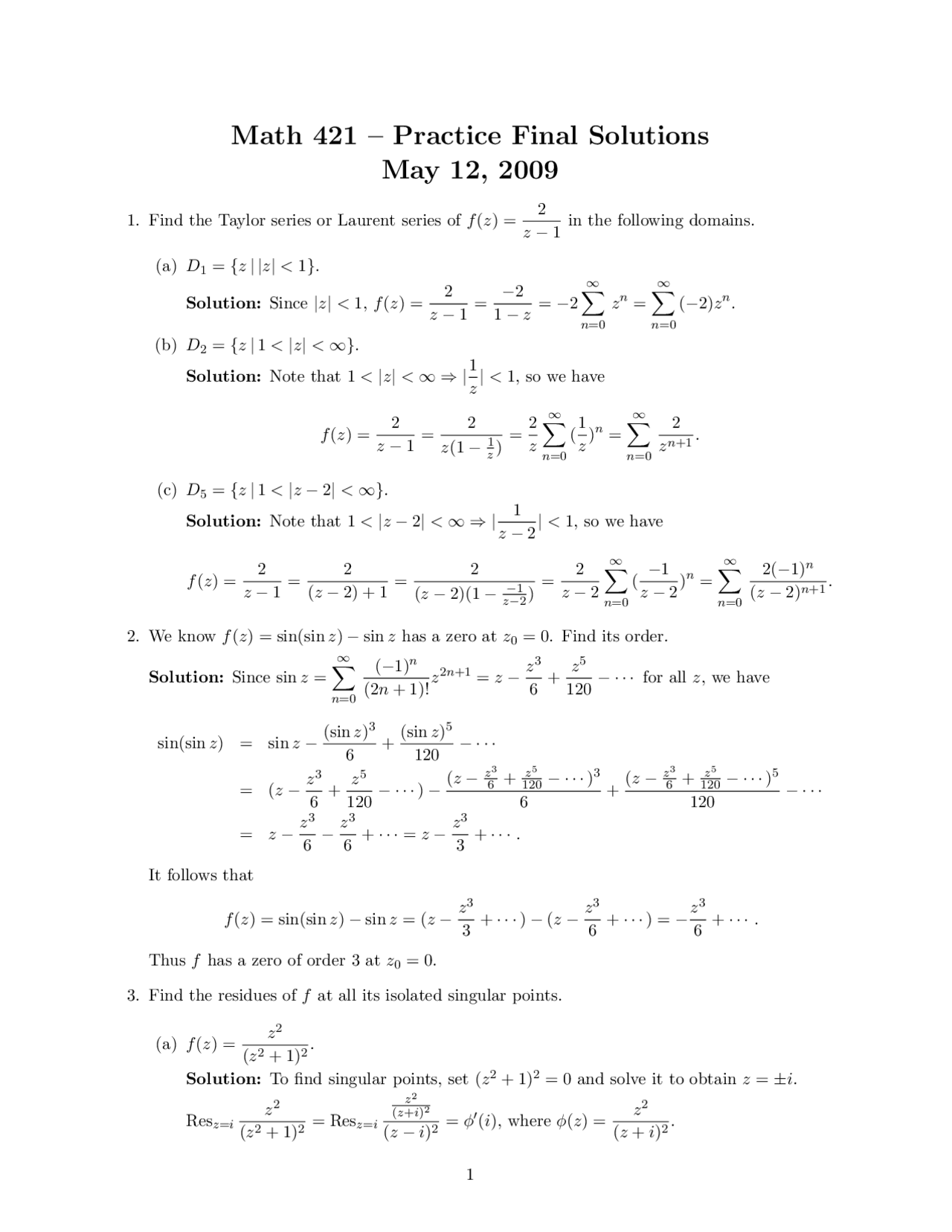 Solutions For Final Exam Complex Variables Math 421 Docsity