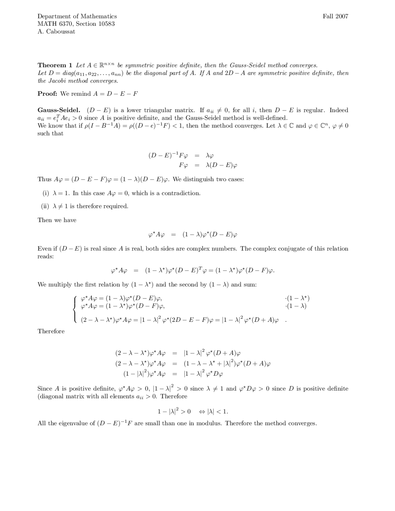 Solved Theorem For Numerical Analysis Math 6370 Docsity
