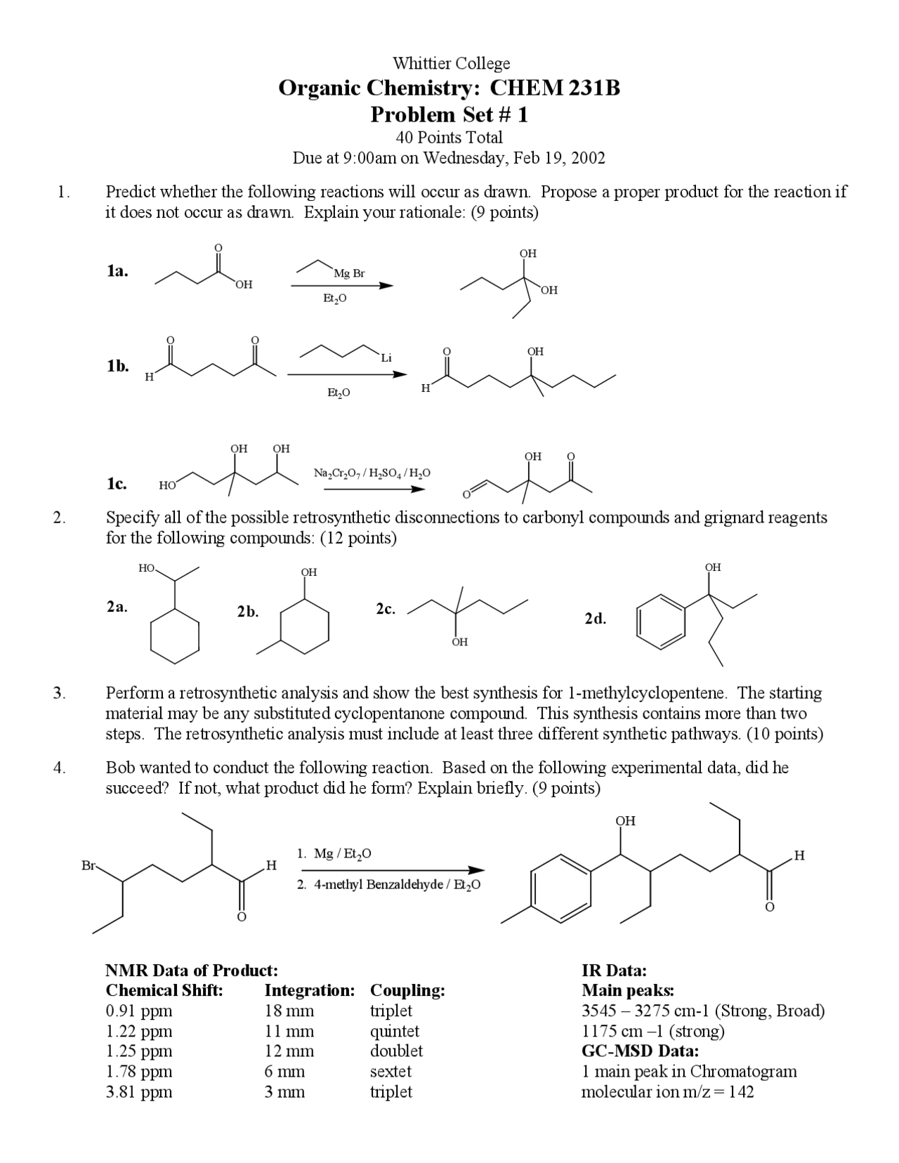 Organic Chemistry Ii Assignment 1 Questions Chem 231b Docsity