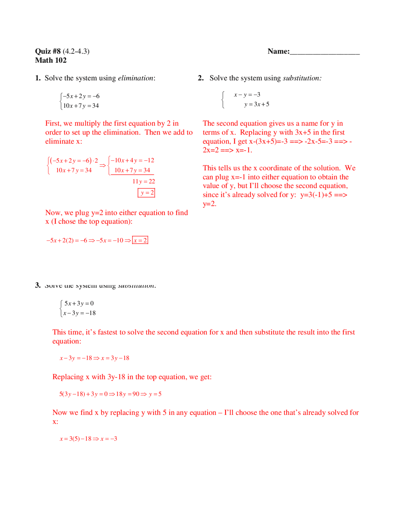 Quiz #8 with Resolution - Elementary Algebra | MATH 102 - Docsity