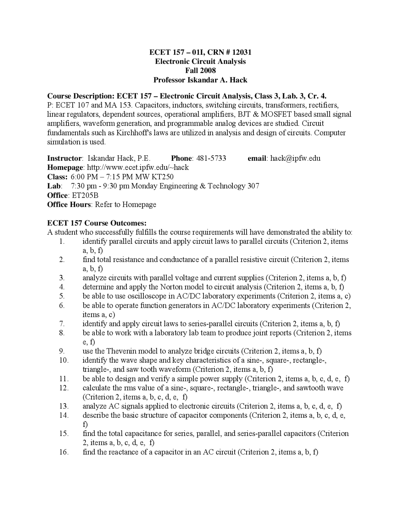 Course Description For Electronics Circuit Analysis Ecet 157 Docsity