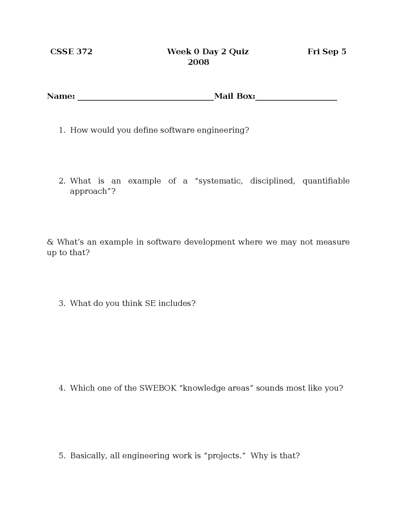 Quiz 2 With 10 Problems On Software Project Management Csse 372 Docsity