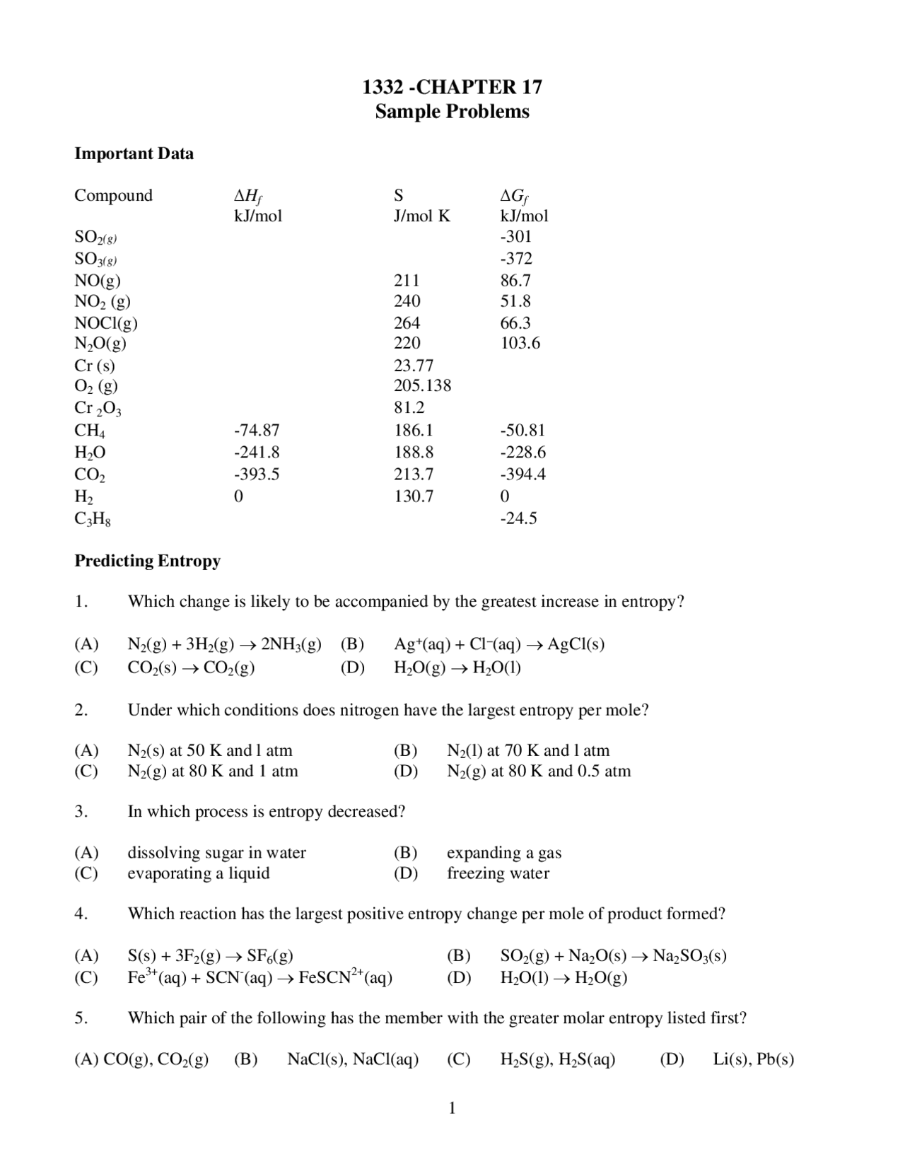 Fundamentals Of Chemistry Sample Problems Chem 1332 Docsity