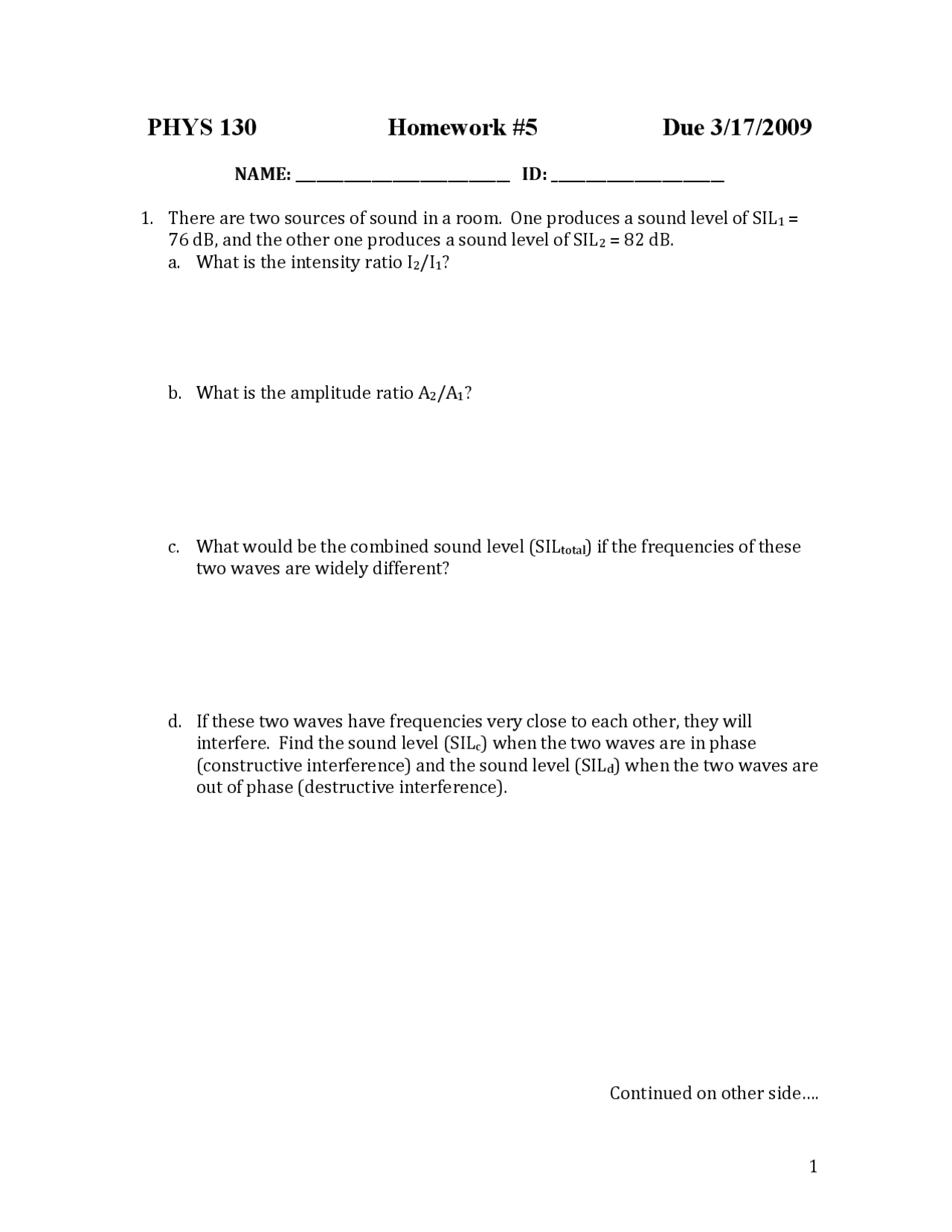 Homework 5 Questions Acoustics Music And Speech Phys 130 Docsity