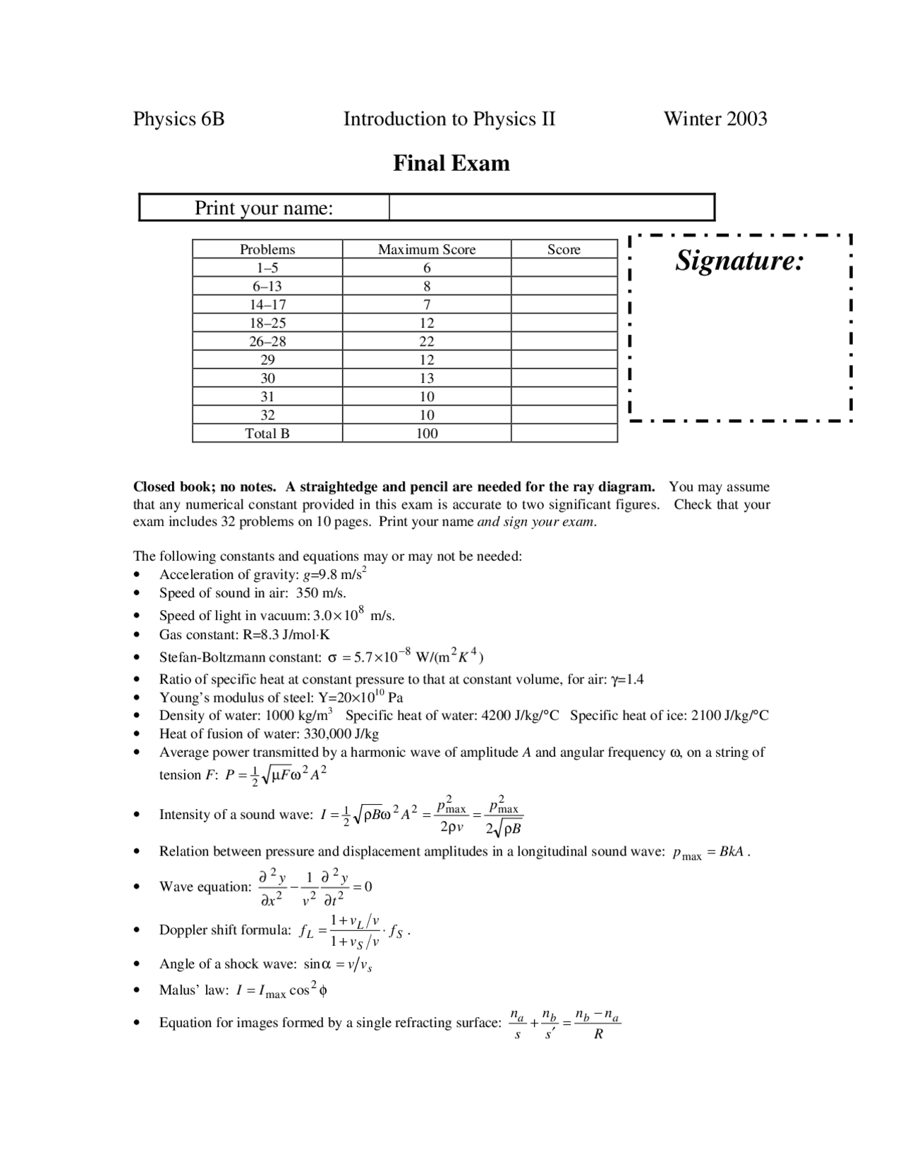 Introductory Physics Ii Final Examination Phys 6 Docsity