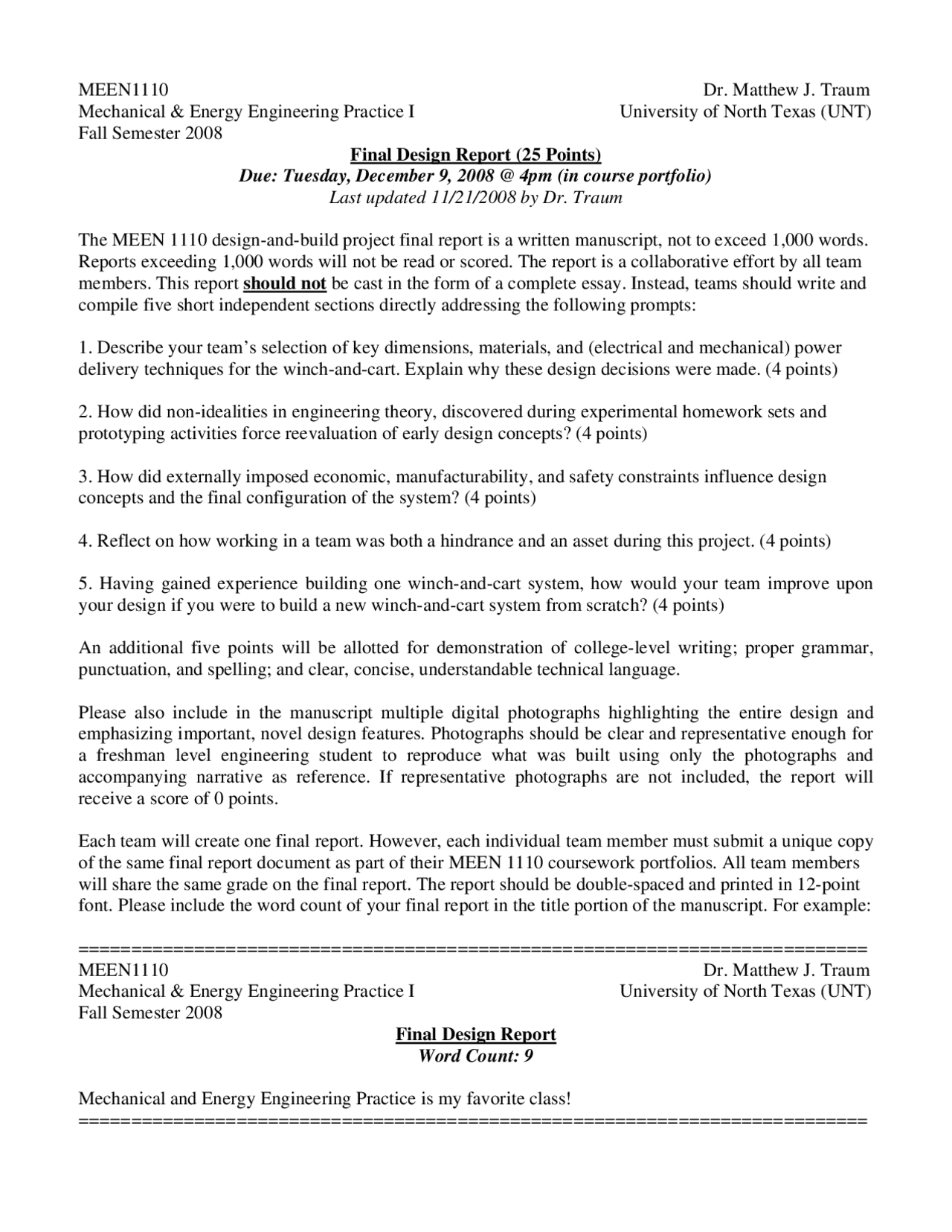 Final Design Report - Mechanical and Energy Engineering Practice I | MEEN 1110 | Study Guides ...