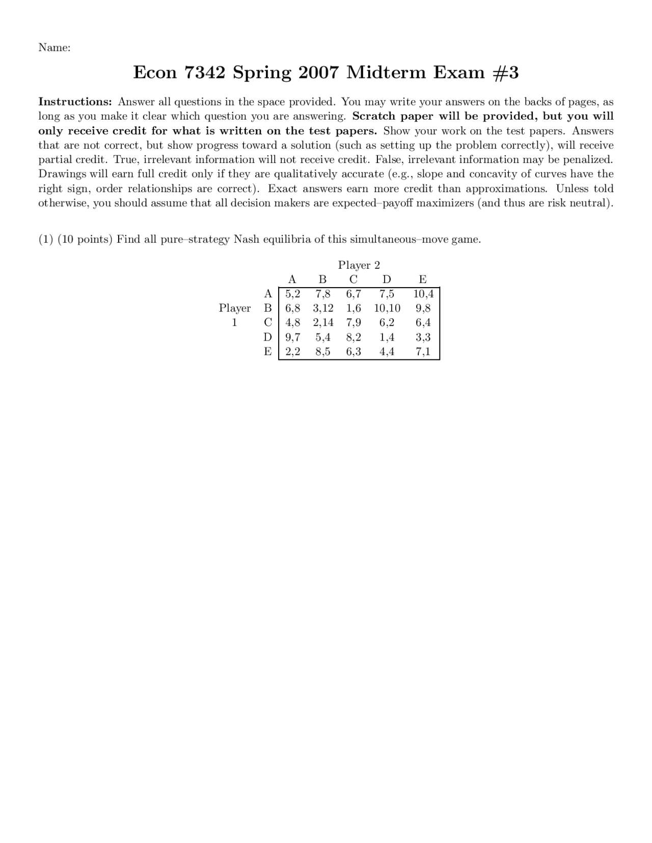Midterm Exam 3 Microeconomic Theory Ii Econ 7342 Docsity
