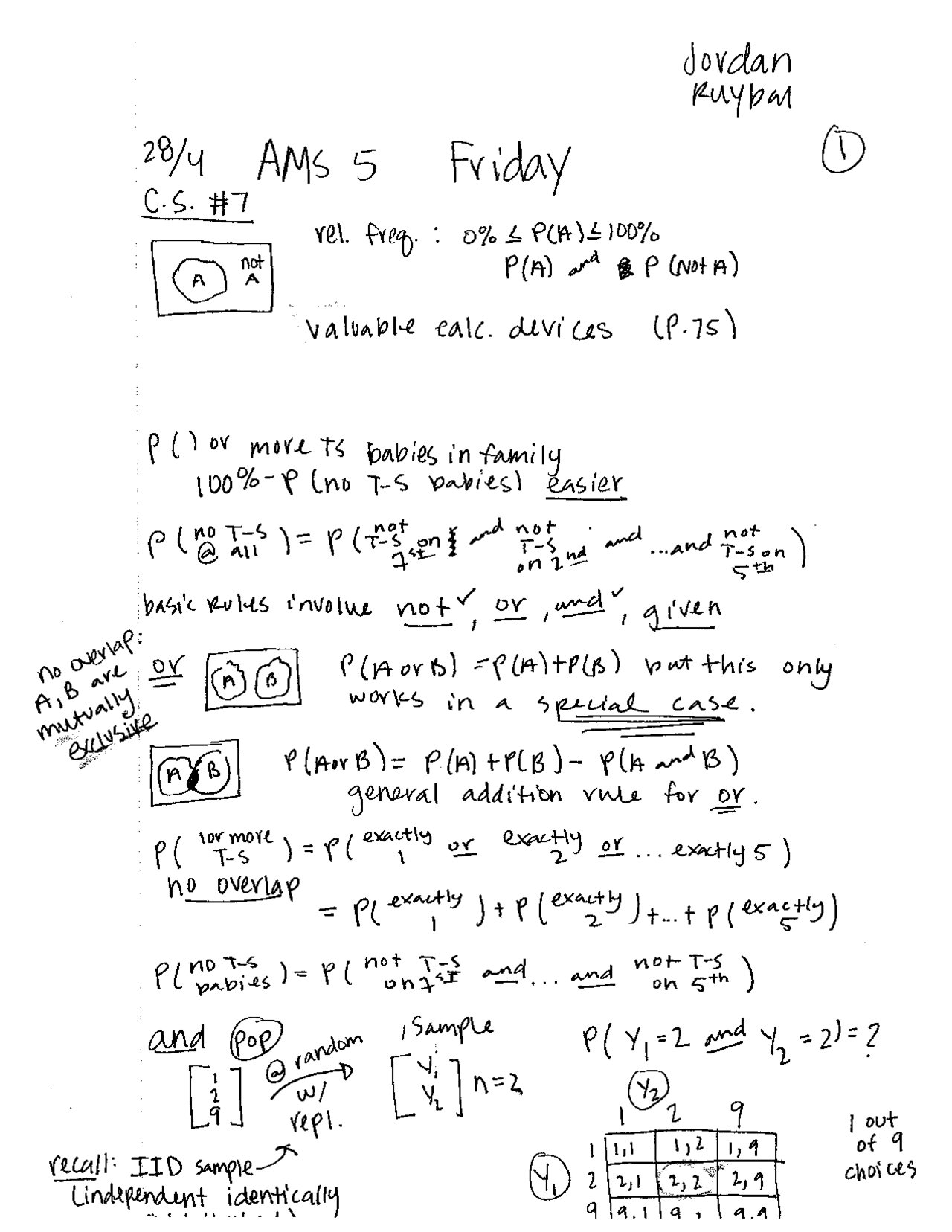 Random Samples and Probability Distribution - Handwritten Notes | AMS 5 ...
