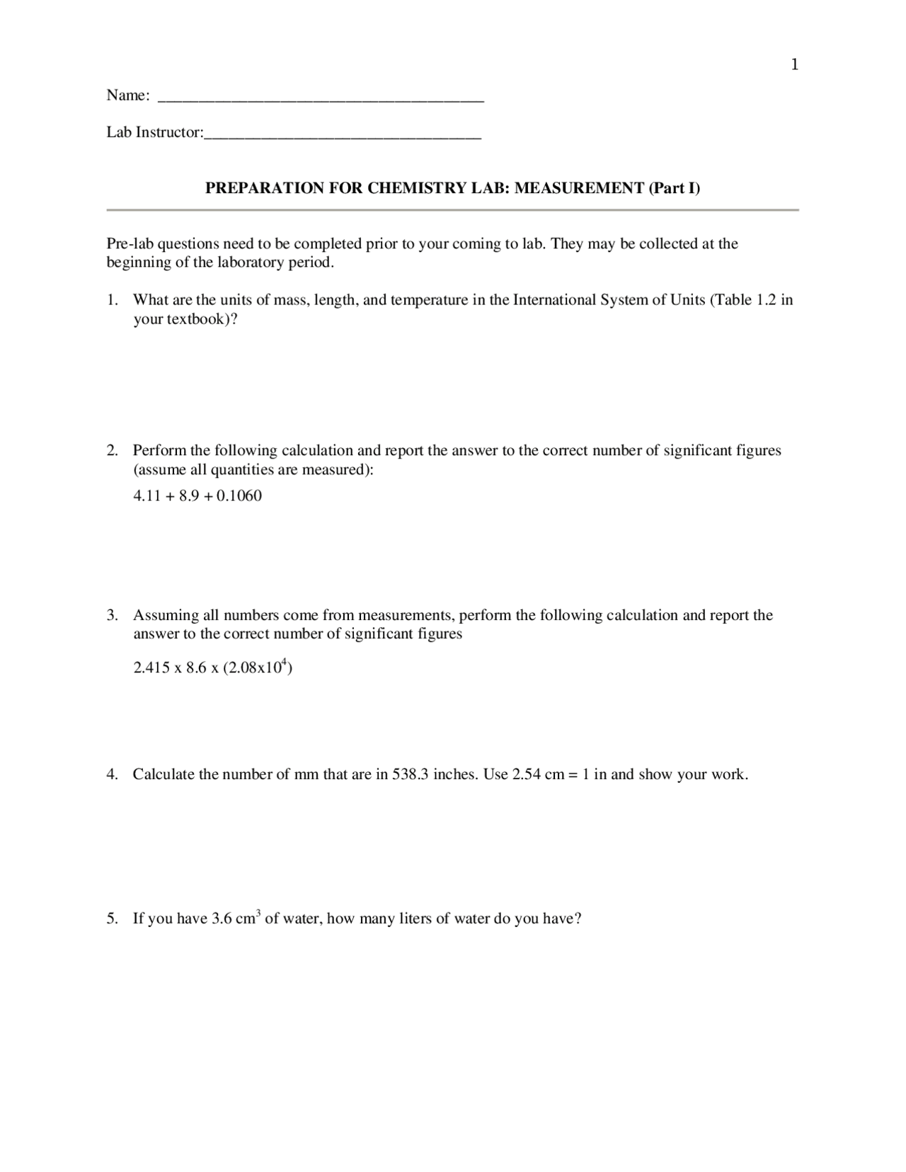 Preparation For Chemistry Lab Measurement Lab Chem 101 Docsity