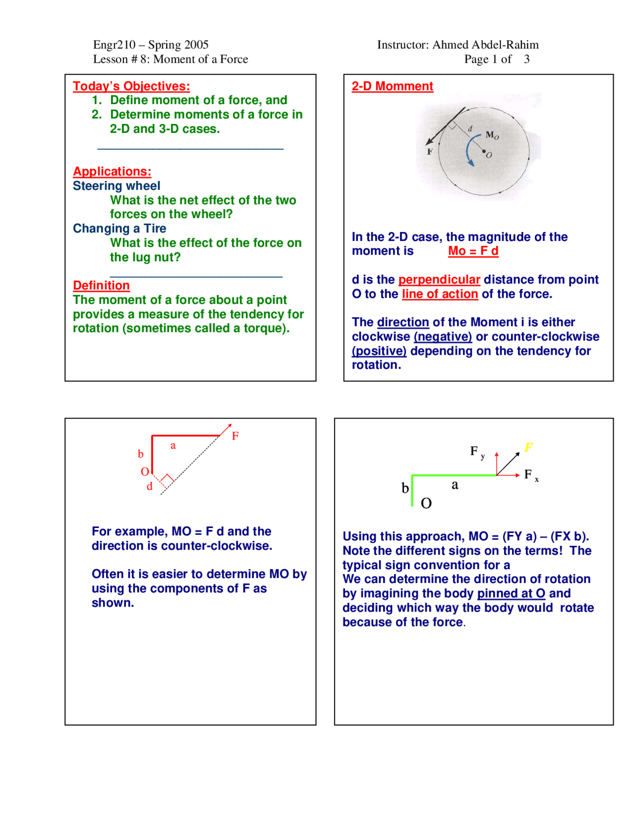 Moment of a Force - Lecture Slides | ENGR 210 - Docsity