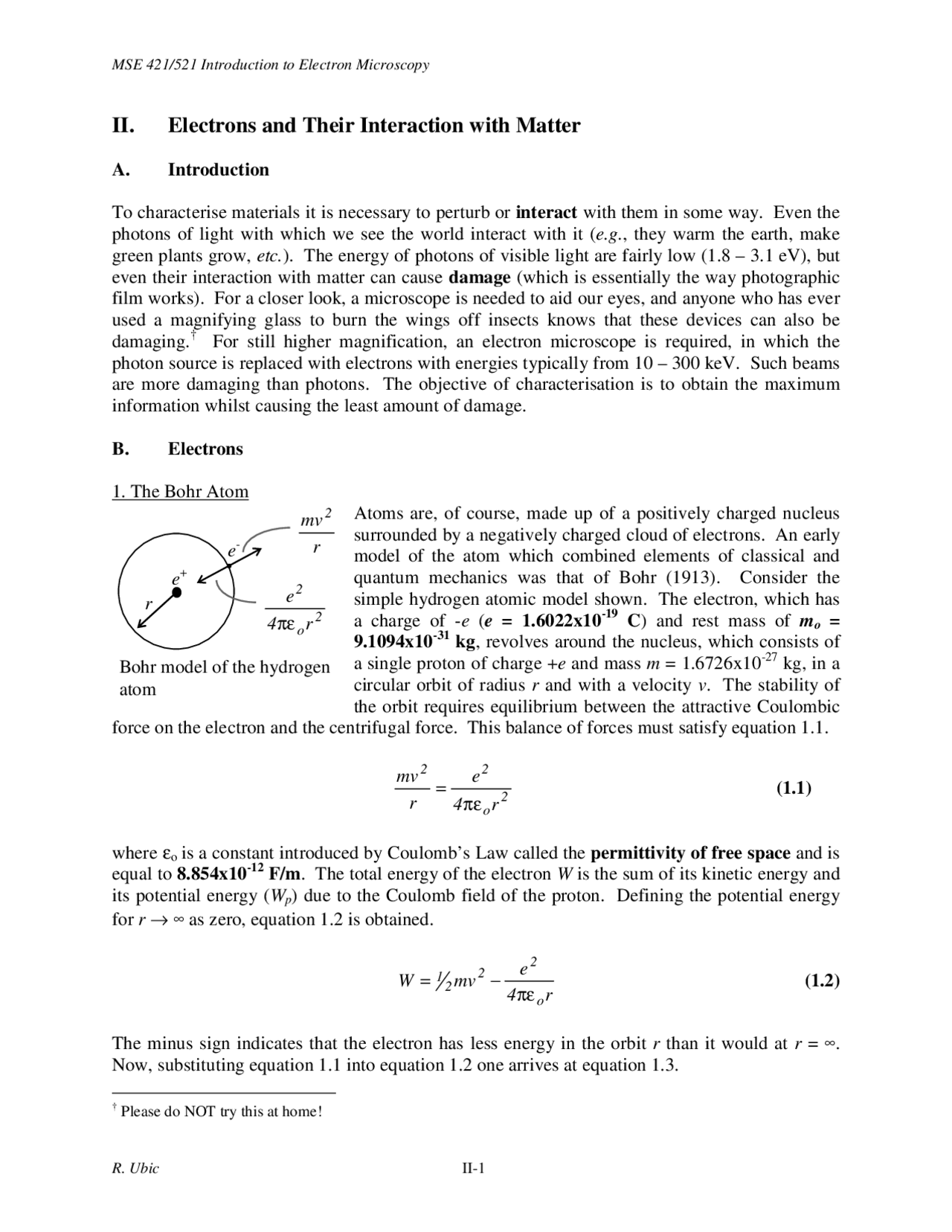 Electrons And Their Interaction With Matter Lecture Notes Mse 421