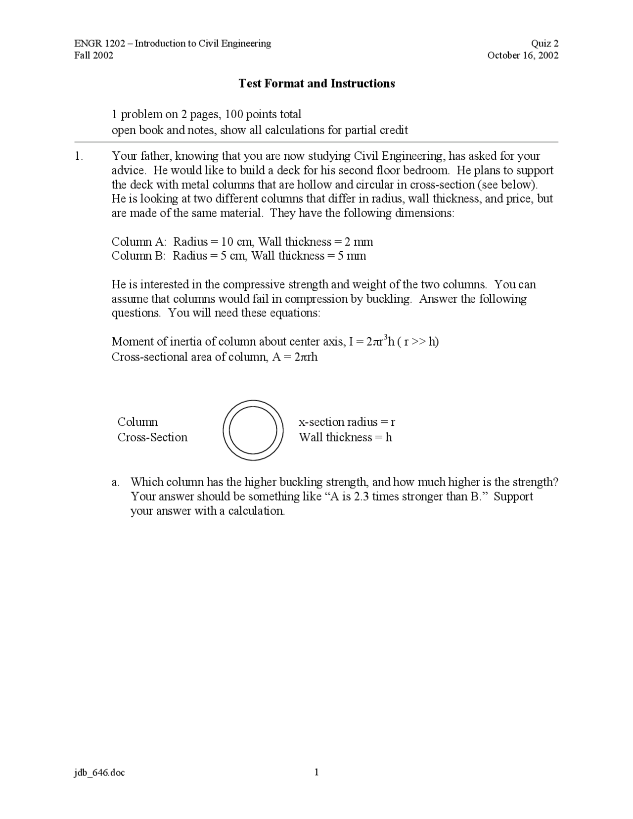 Quiz 2 Introduction To Civil Engineering Engr 1202 Docsity