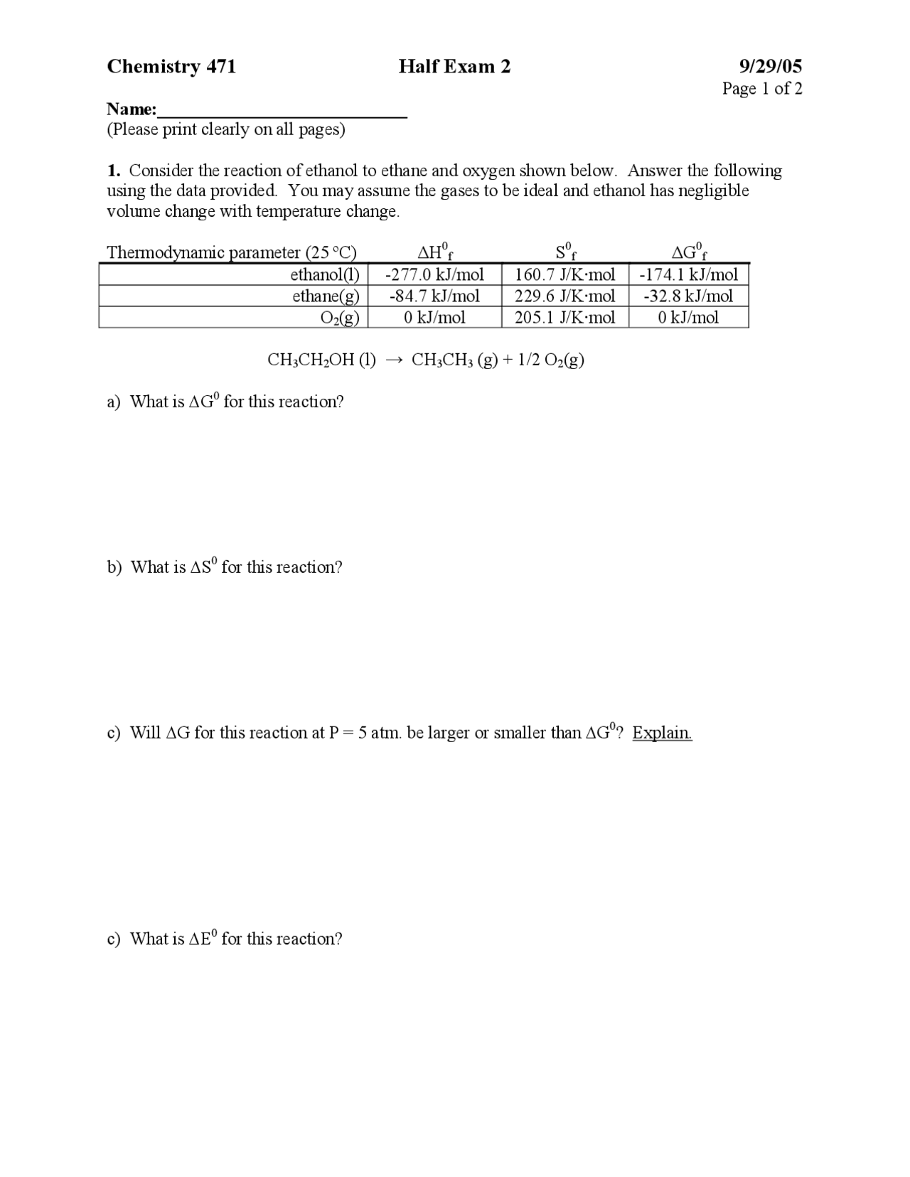 Old Questions For Exam 2 Elementary Physical Chemistry Chem 471