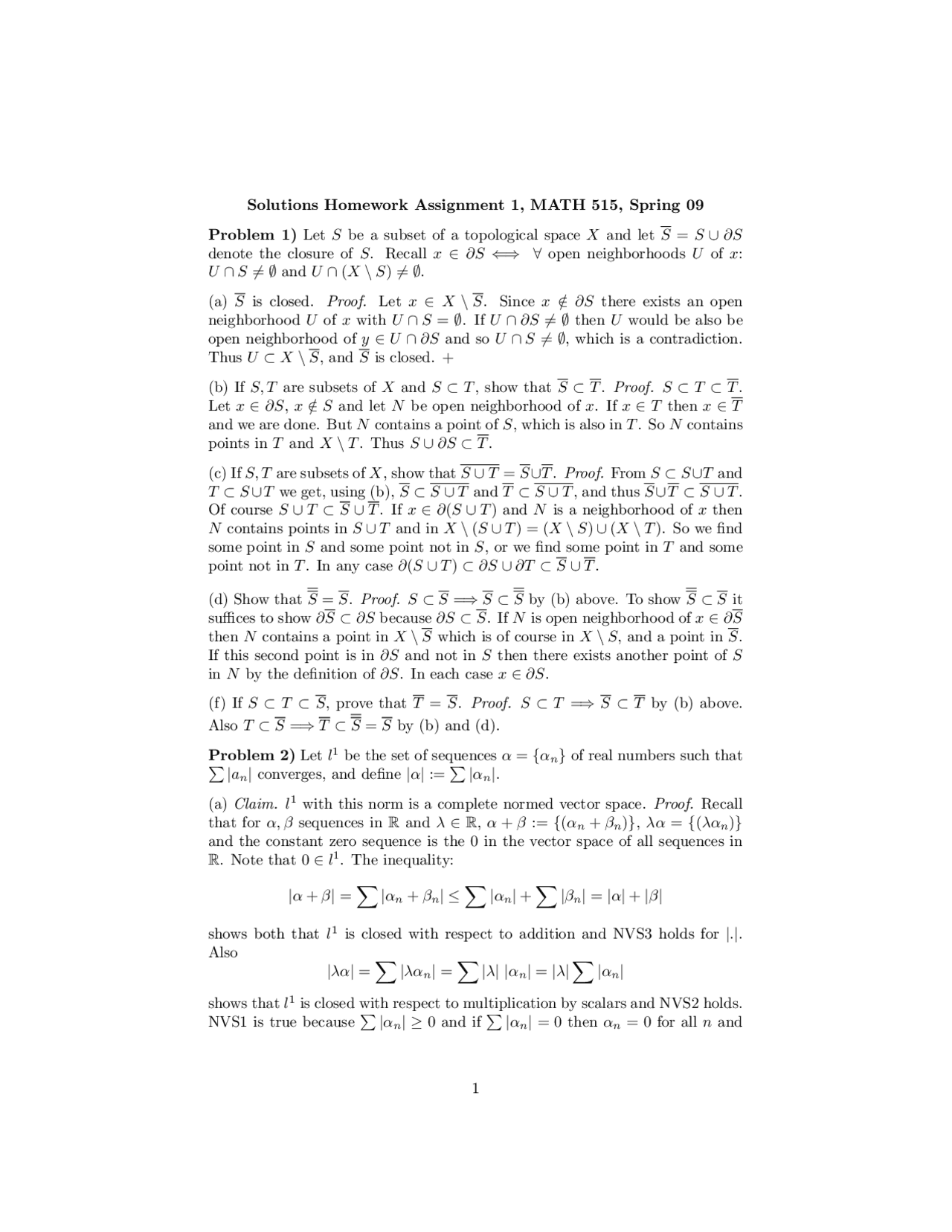 Resolution of Homework Assignment 1 on Advanced Analysis | MATH 515 - Docsity