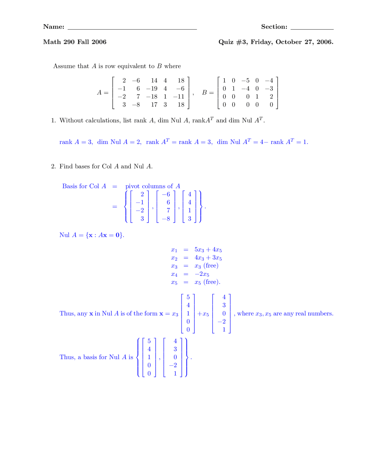 Quiz 3 With Solution Linear Modeling For Engineers Math 290 Docsity