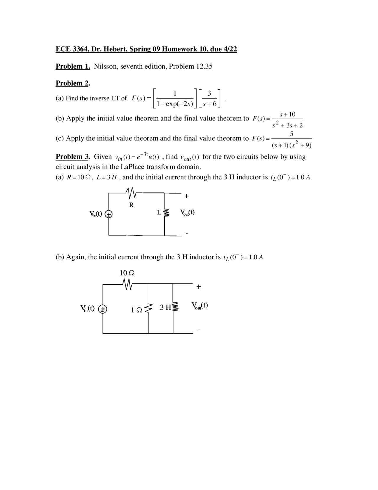 Circuits And Systems Assignment 10 Spring 2009 Ece 3364 Docsity