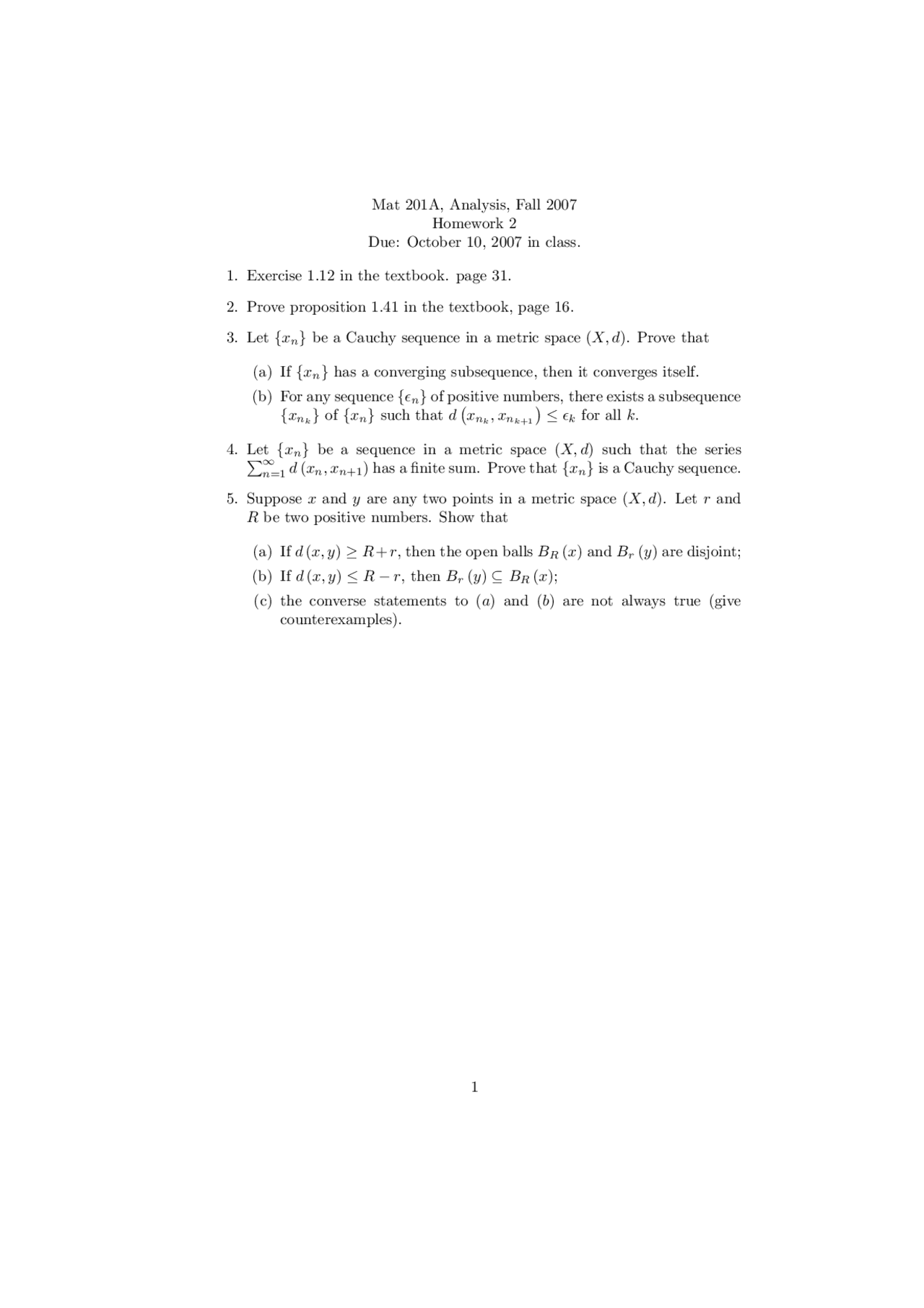 Homework 2 Questions Analysis Fall 2007 Mat 201a Docsity