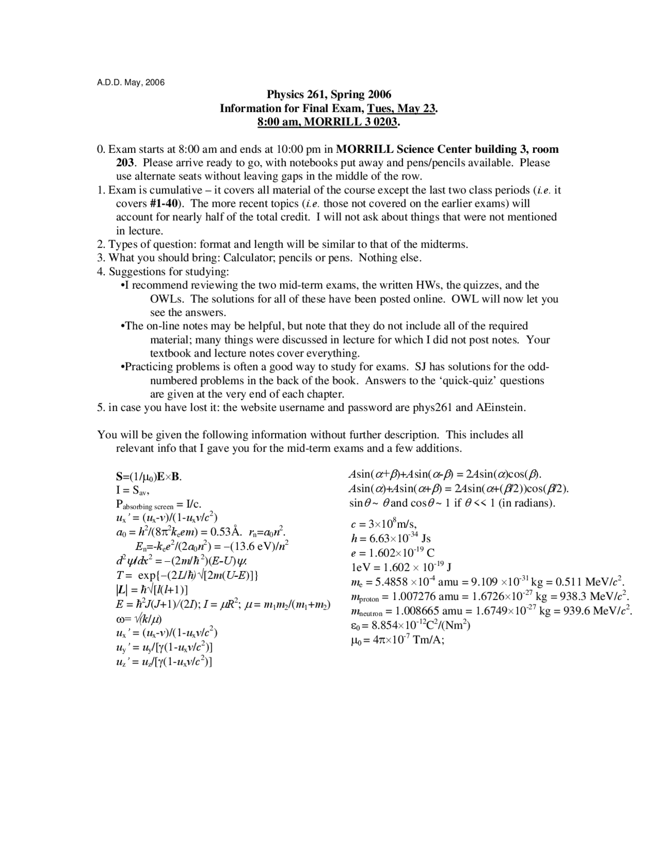 5 Questions On General Physics Iii Final Examination Fall 2006
