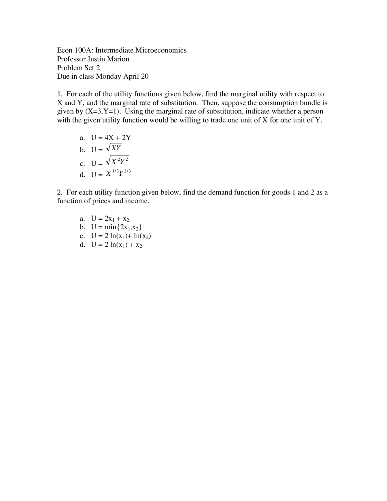 Problem Set 2 Intermediate Microeconomics Econ 100 Docsity