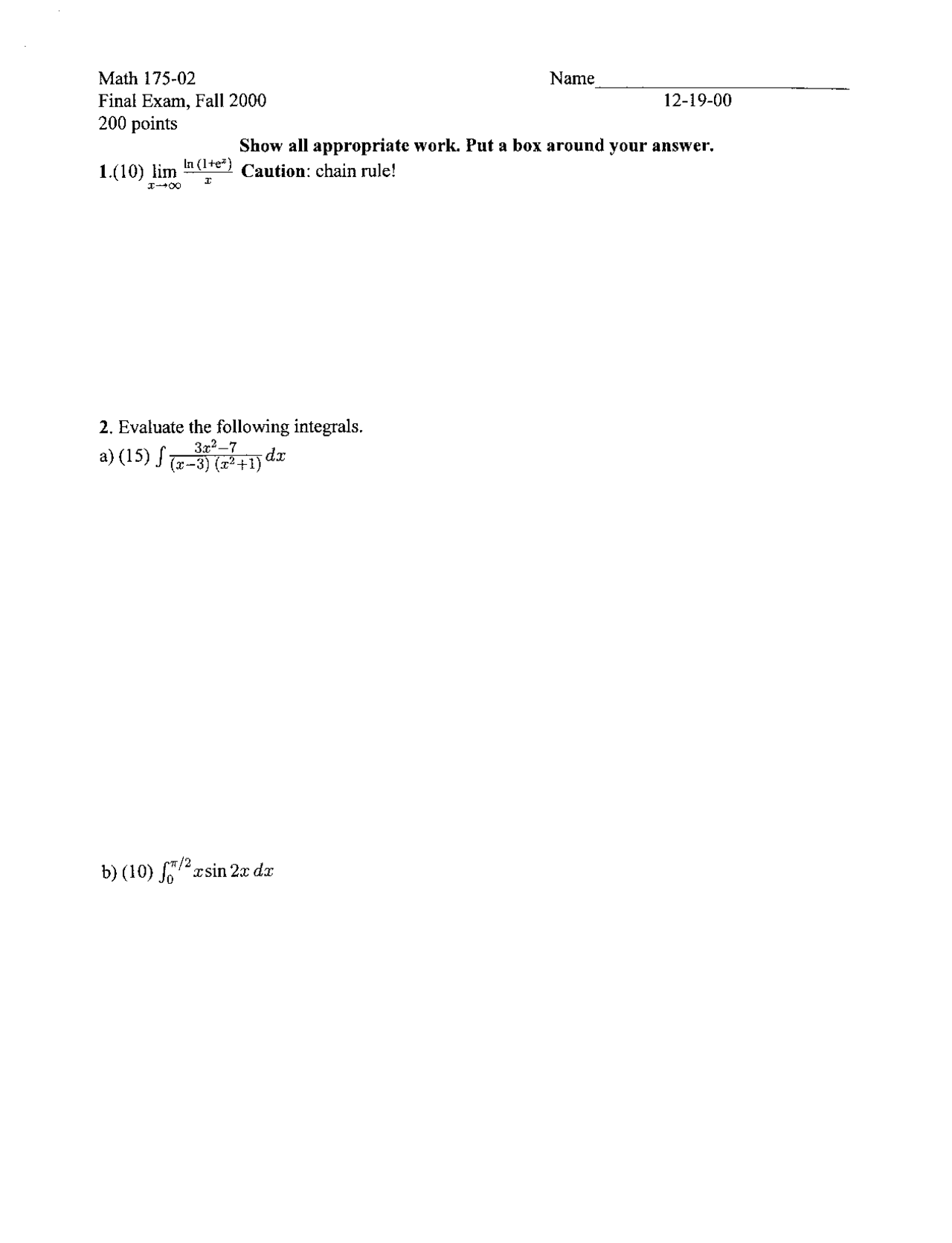 Final Exam Problems - Analytic Geometry and Calculus II | MATH 175 ...
