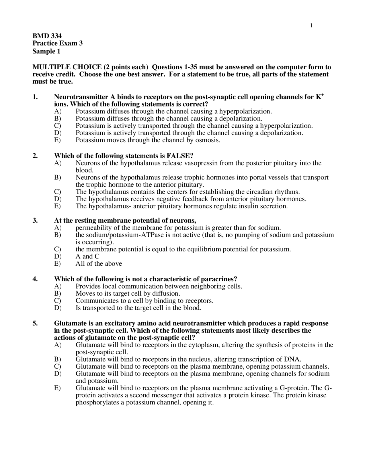 Human Physiology I Practice Problems For Old Exam 3 Bmd 334 Docsity
