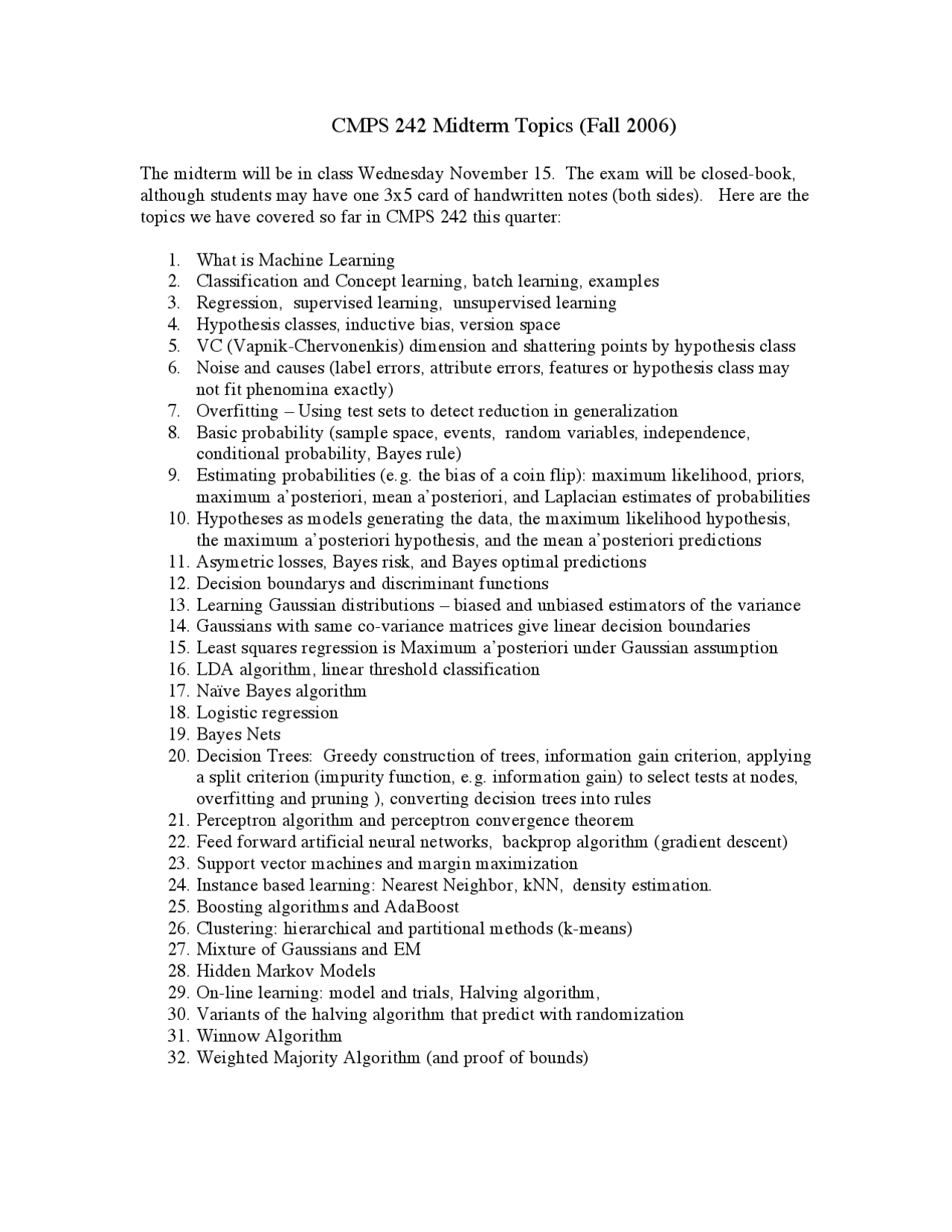 Review Sheet For Midterm Exam Machine Learning Cmps 242 Docsity