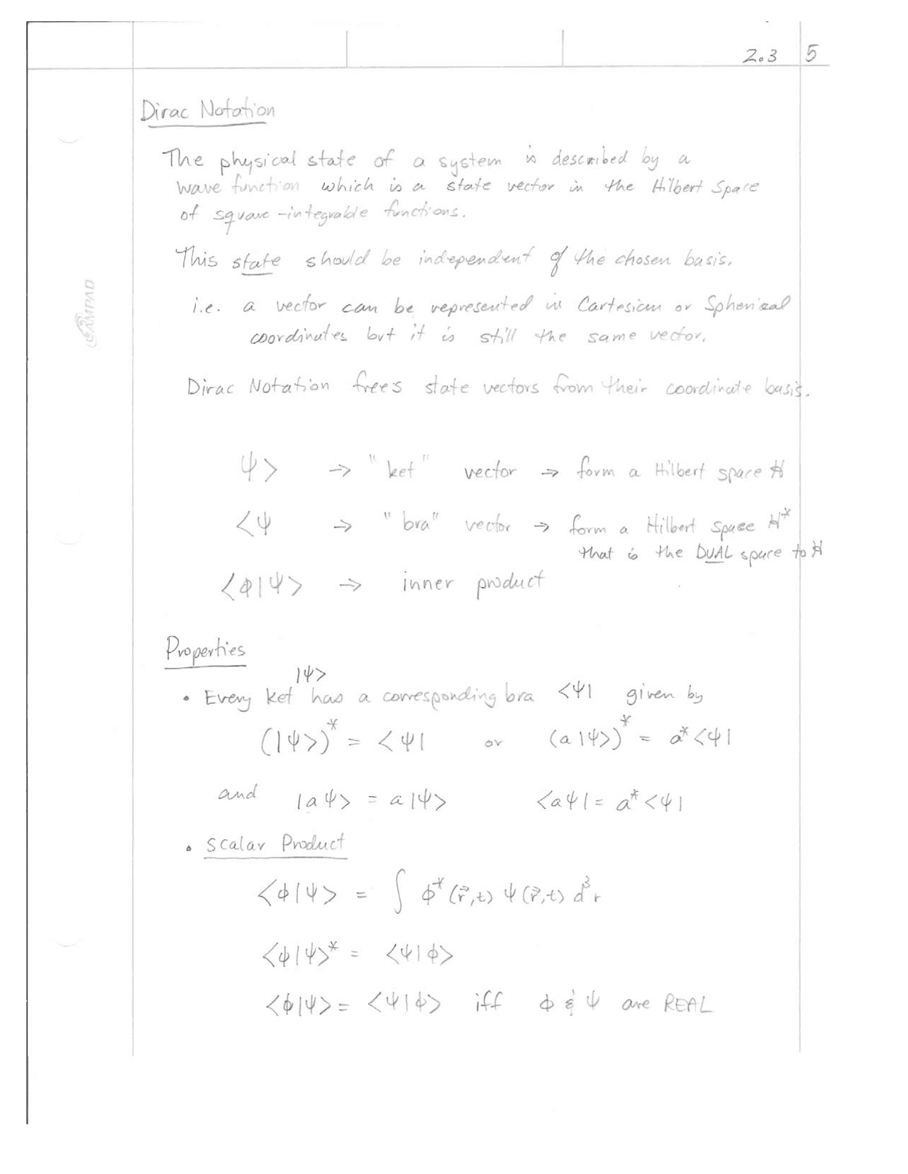 Dirac Notation In The Physical States Of Systems Handwritten Notes