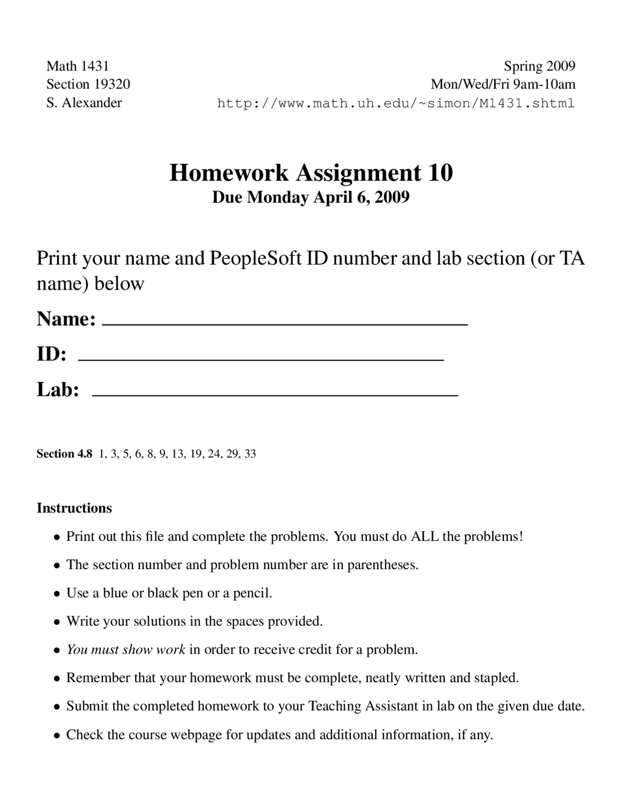 Homework 10 Unsolved Questions Calculus I Math 1431 Docsity