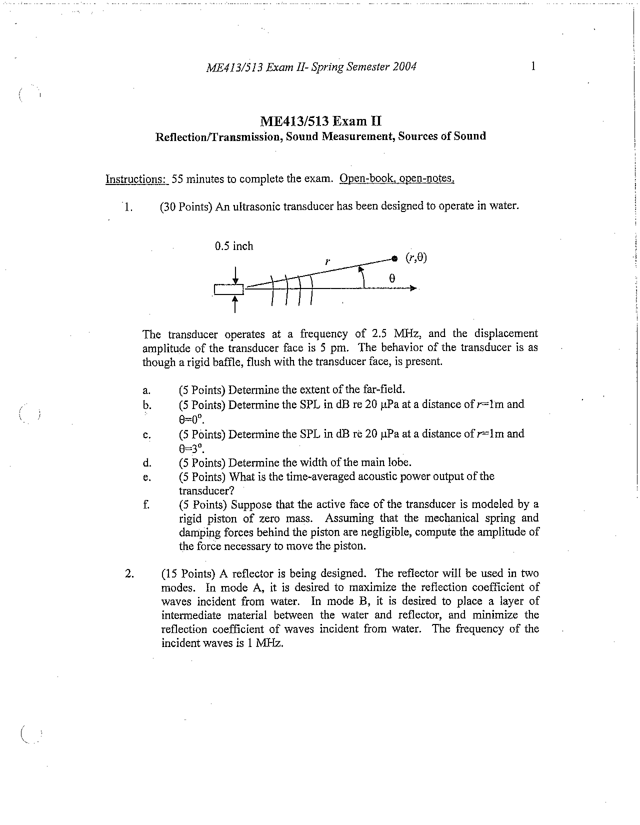 Practice Exam 2 Spring 2004 Engineering Acoustics Me 413 Docsity