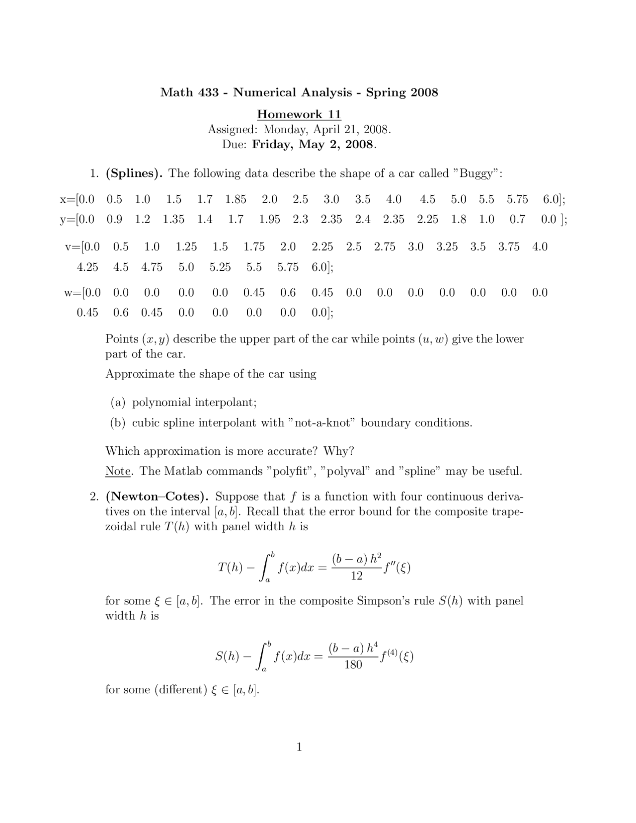 Assignment 11 For Numerical Analysis Spring 2008 Math 433 Docsity