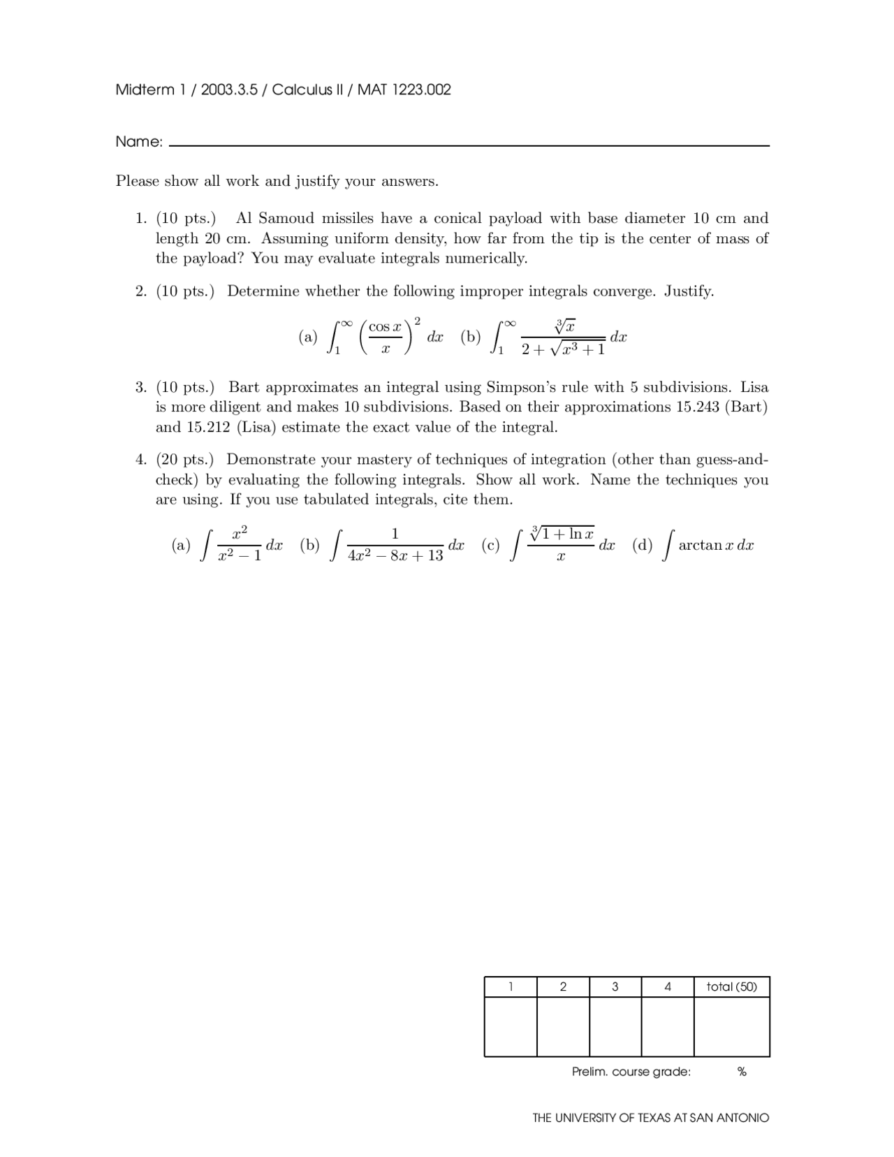4 Questions In Calculus Ii Midterm Exam Mat 1223 Docsity