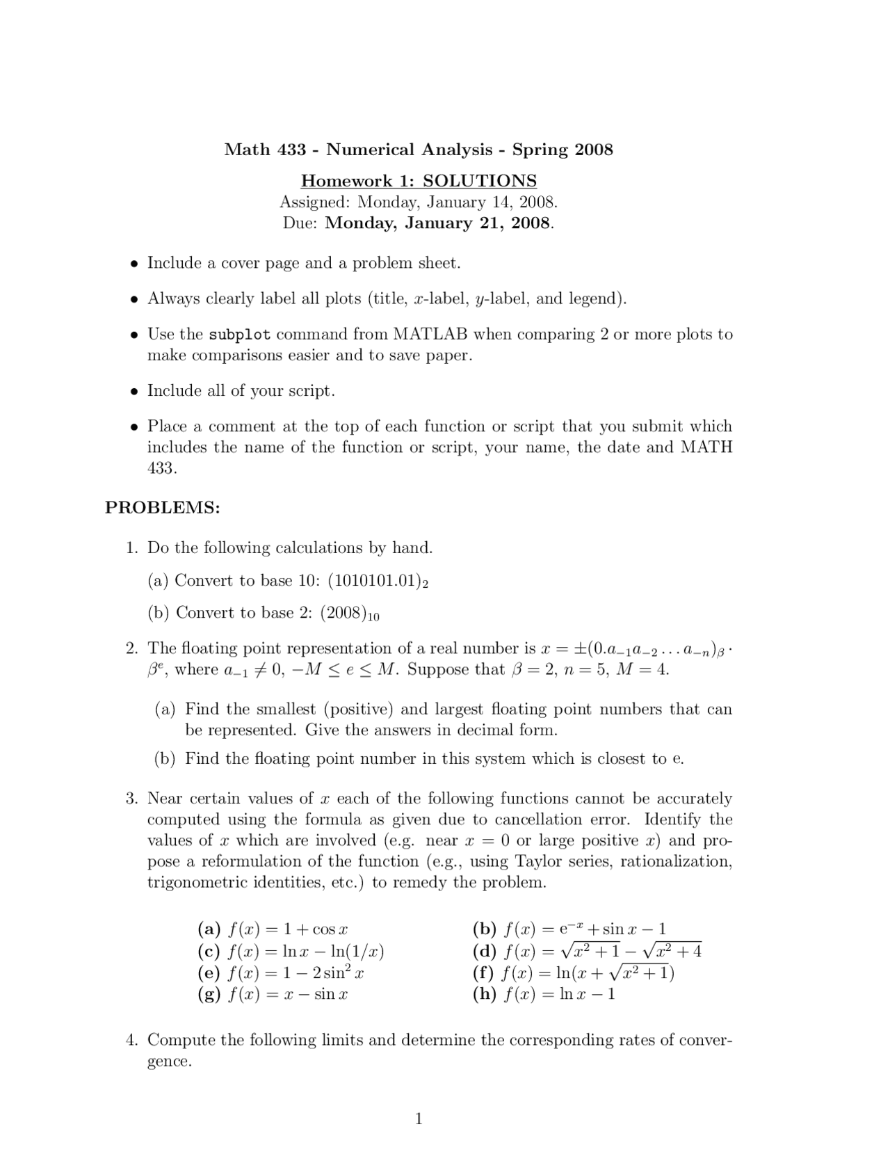 Homework 1 Solutions For Numerical Analysis Math 433 Docsity
