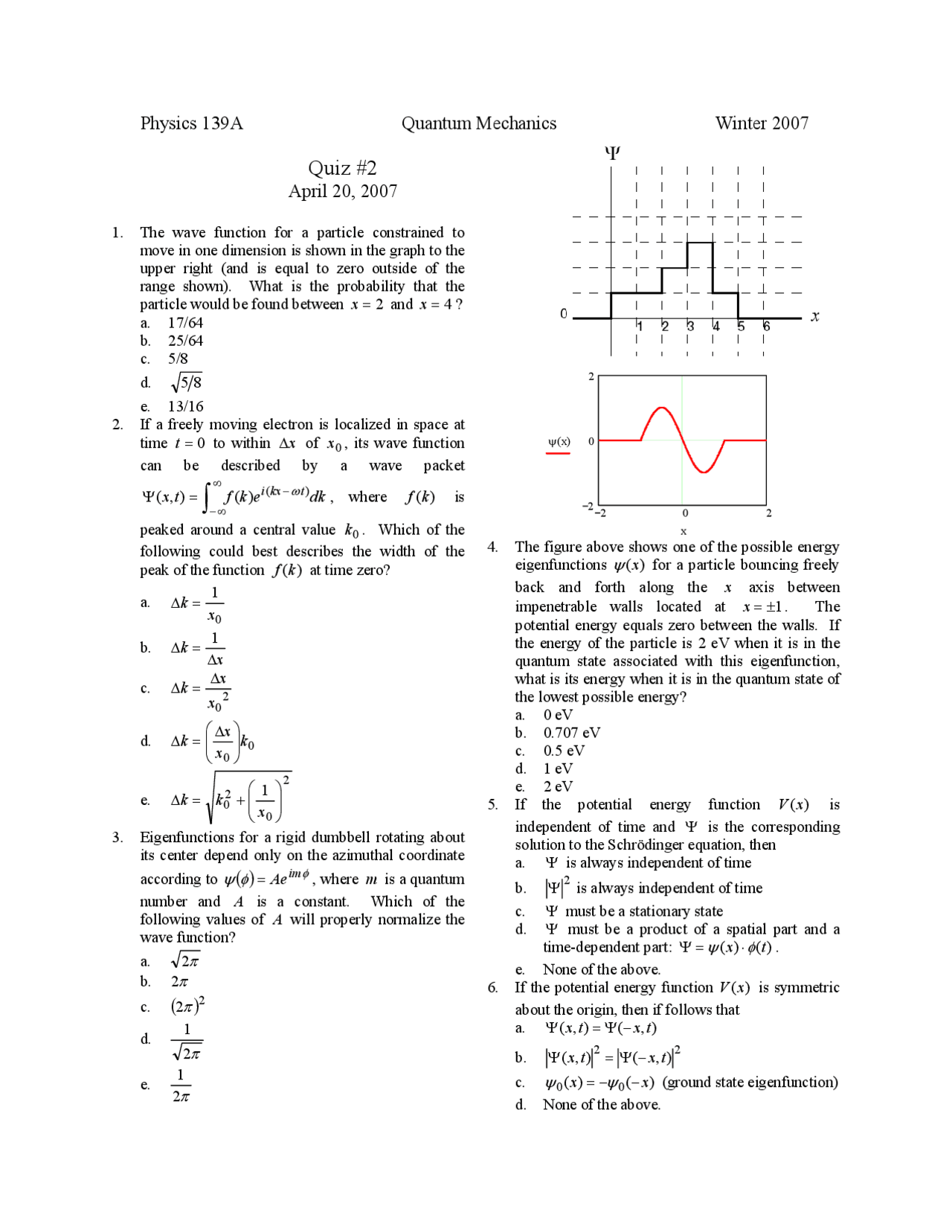 Quantum State Energy - Quiz 2 Multiple Choice Problems | PHYS 139 | Quizzes Quantum Mechanics ...