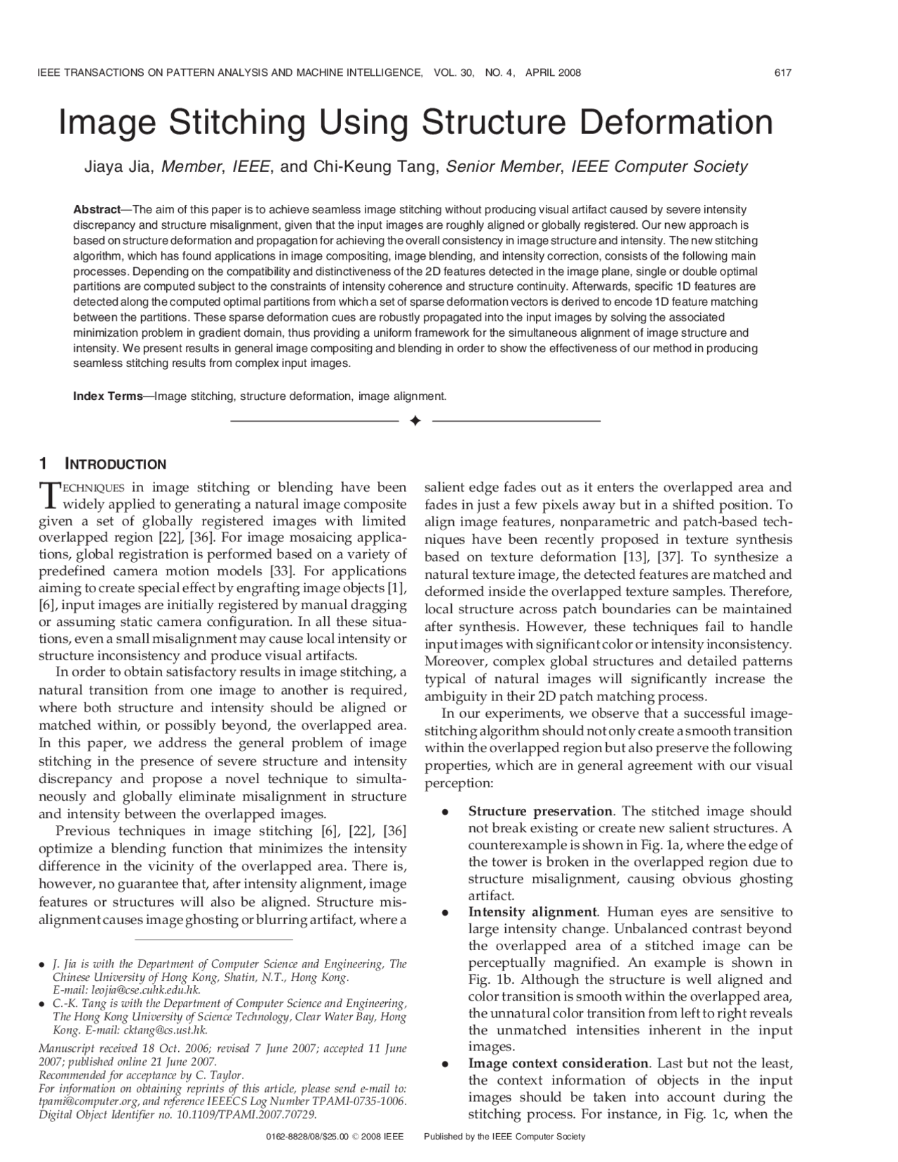 Image Stitching Using Structure Deformation | COSC 6373 - Docsity